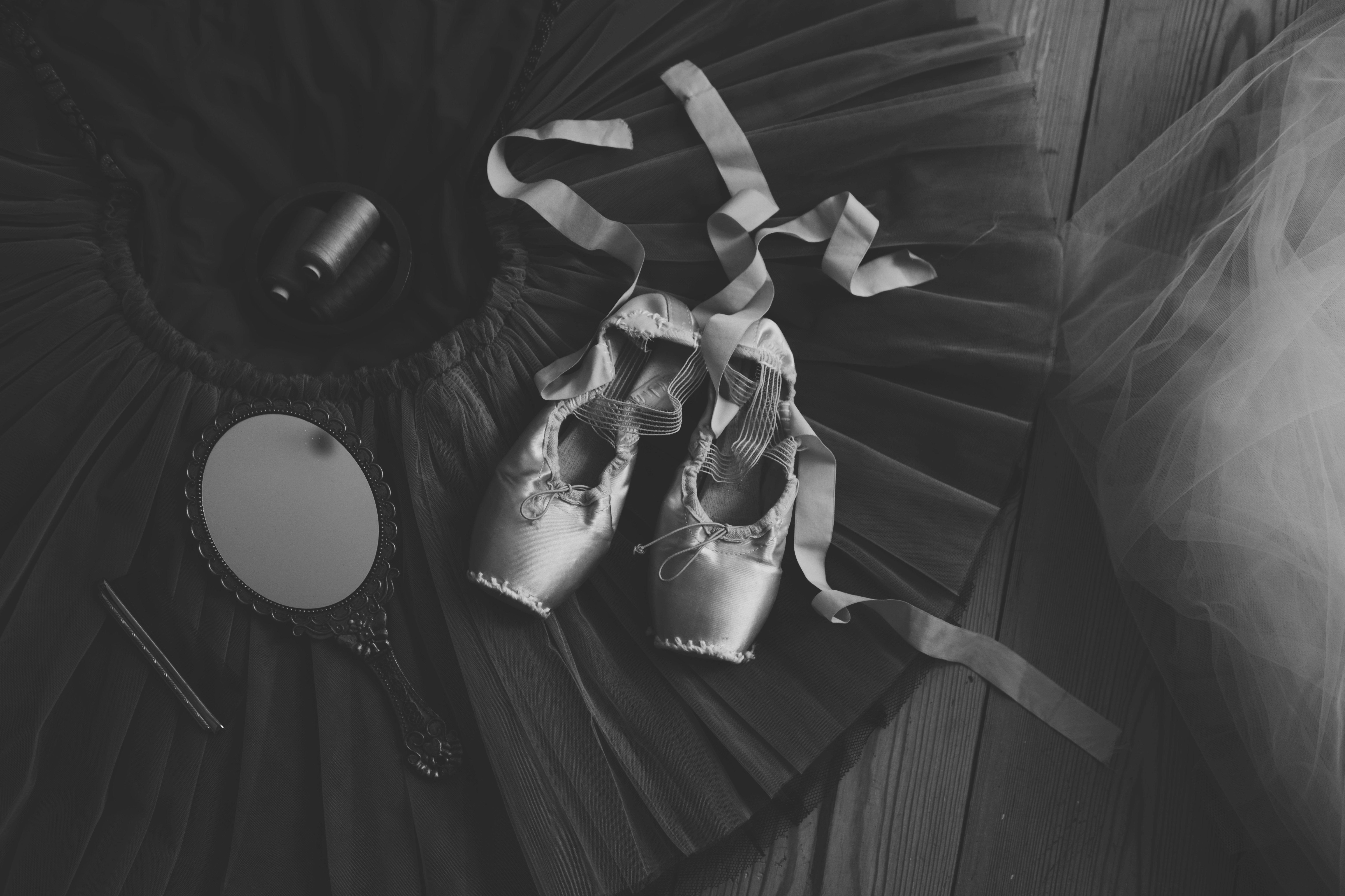 Ribboned Ballerina Shoes and Studio Velvet: A Monochrome Ballet Still