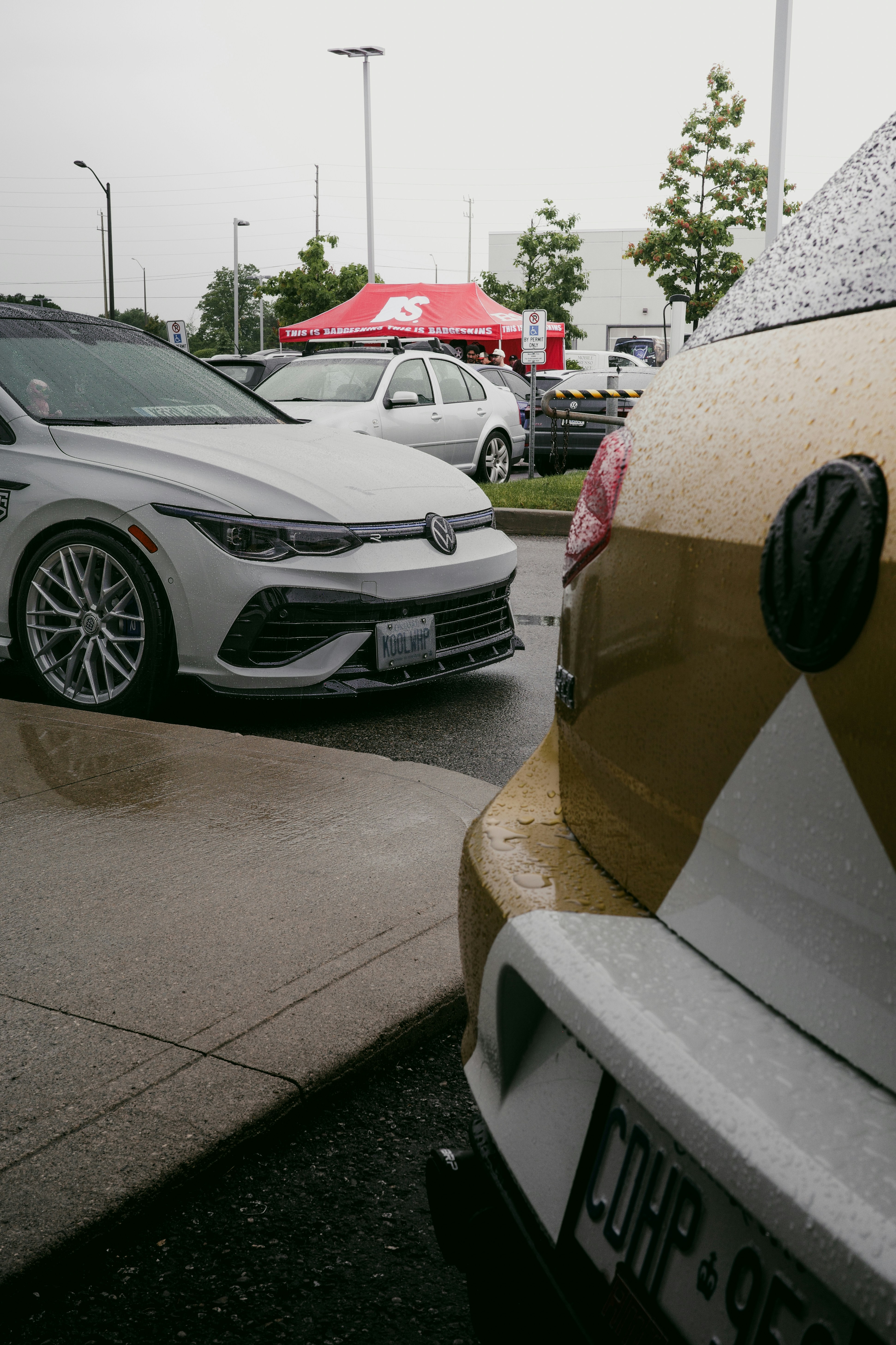Rainy Car Show Standoff: White VW and Curved Taillights in a Parking Lot
