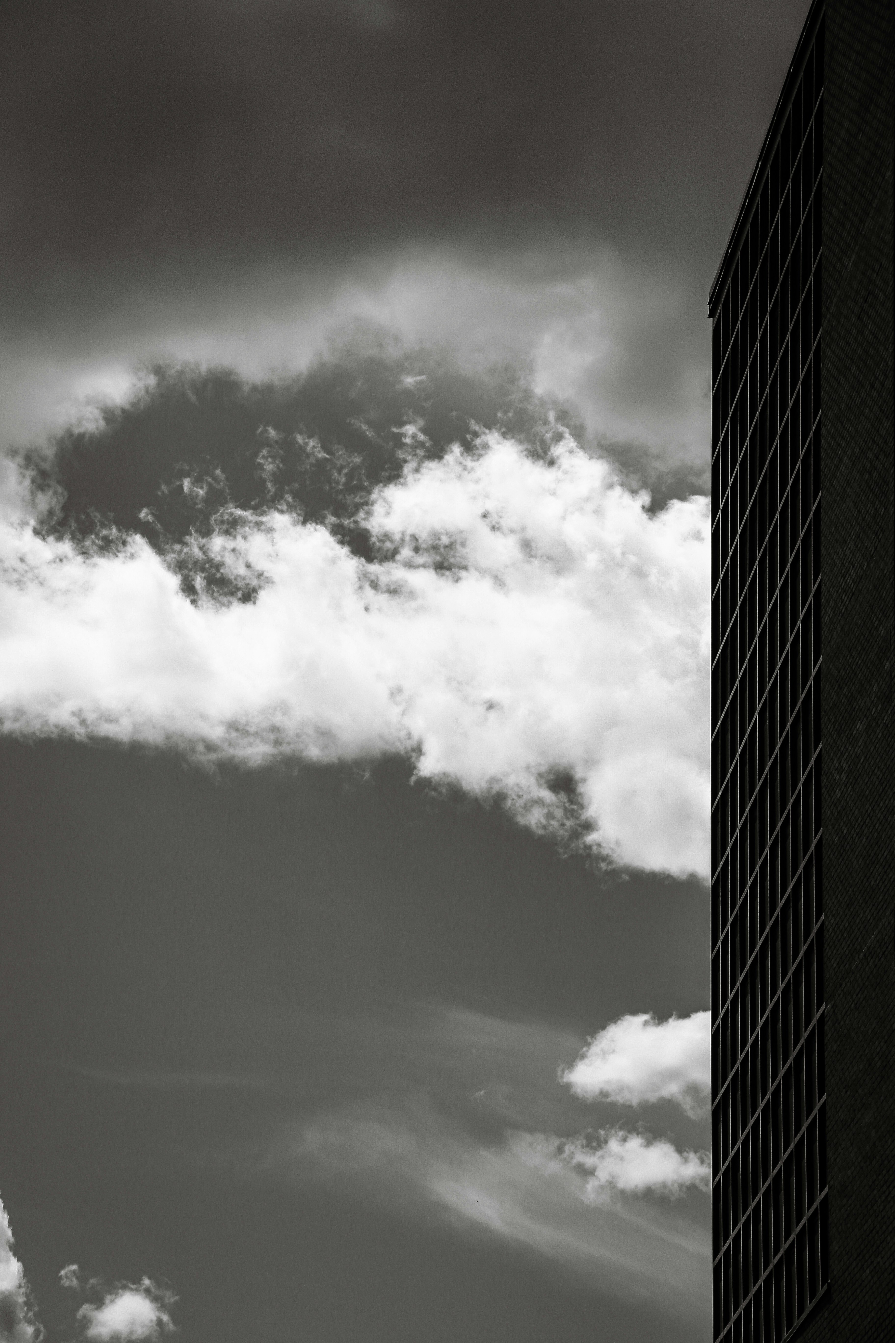 Vertical Glass Facade Reaching into a Sky with Floofing Clouds