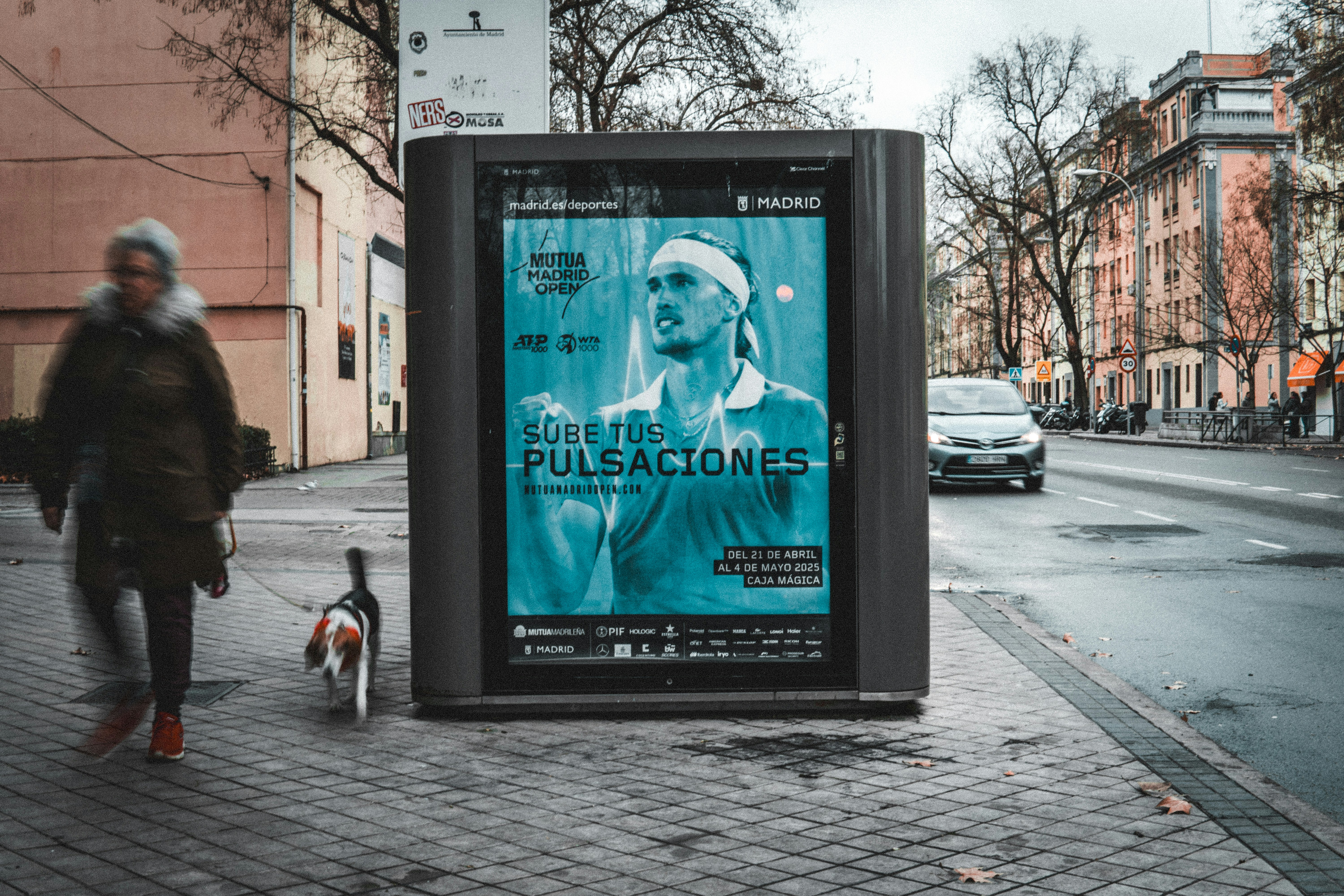 Blue-lit poster case with a portrait dominates the foreground while pedestrians and a dog pass by on a cobbled street.