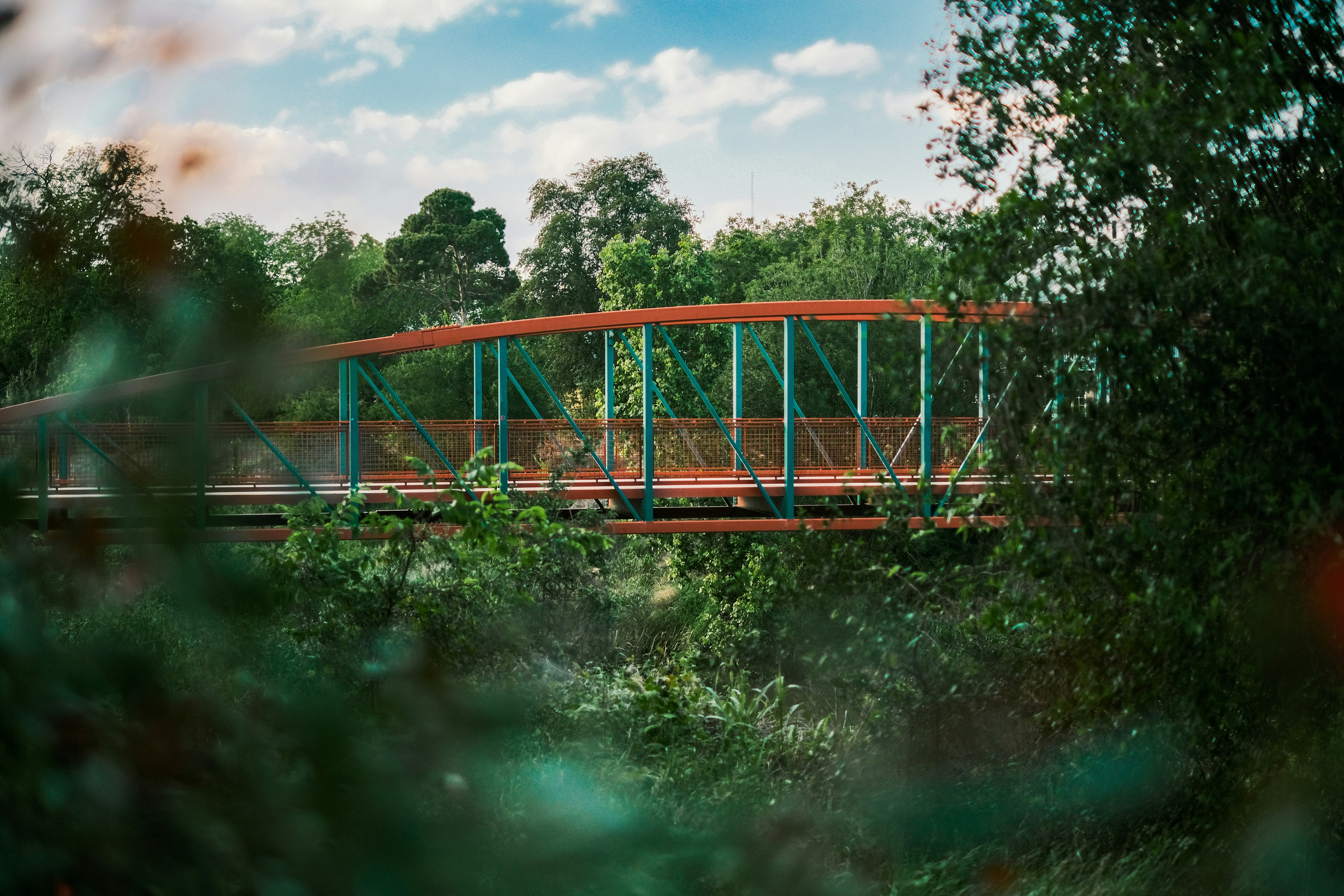 Colorful pedestrian bridge cut through lush greenery