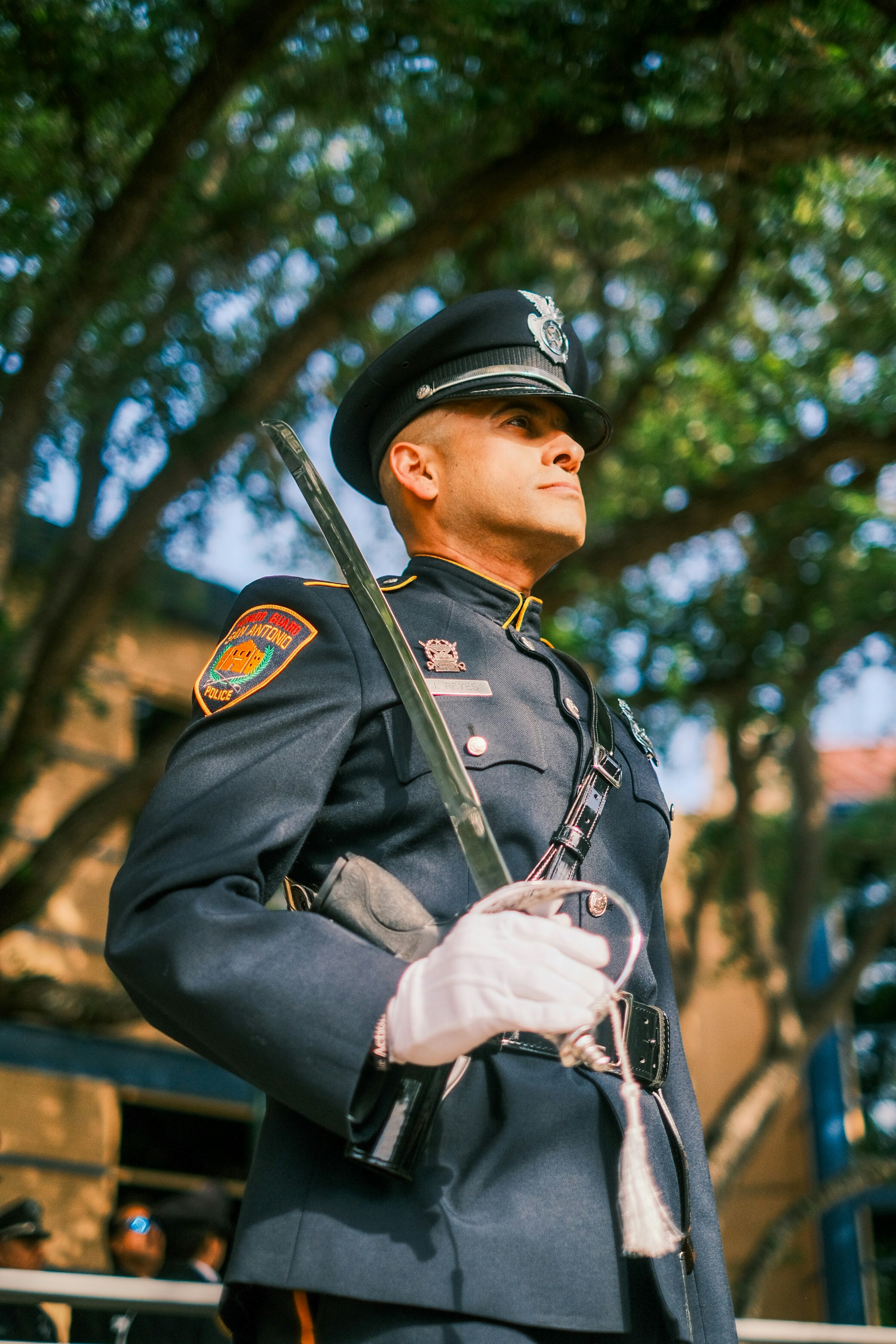 Salute in the Shade: A Uniformed Sentinel Under Green Canopy