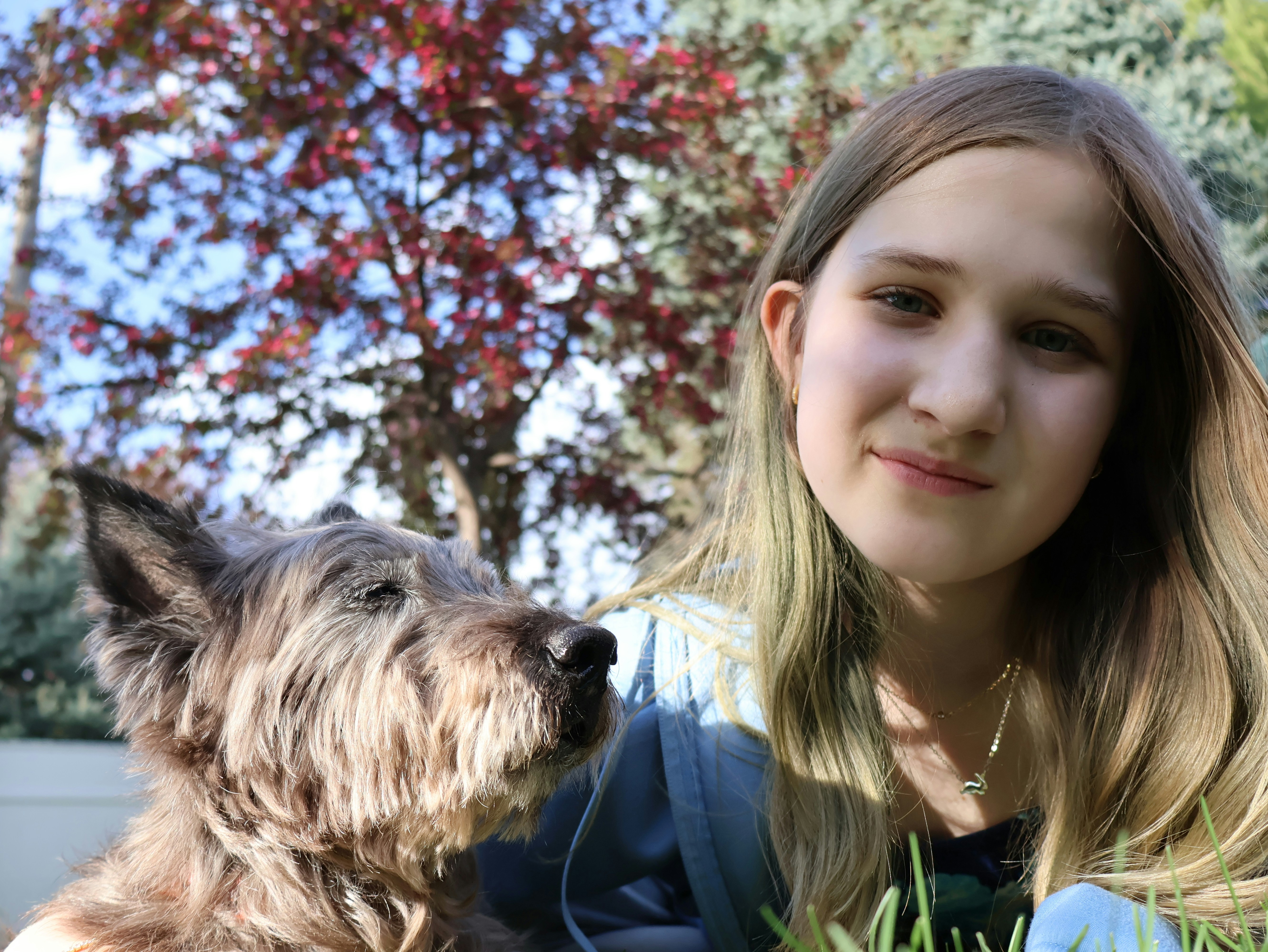 Soft Portrait of a Girl and Her Dog in a Sunny Garden