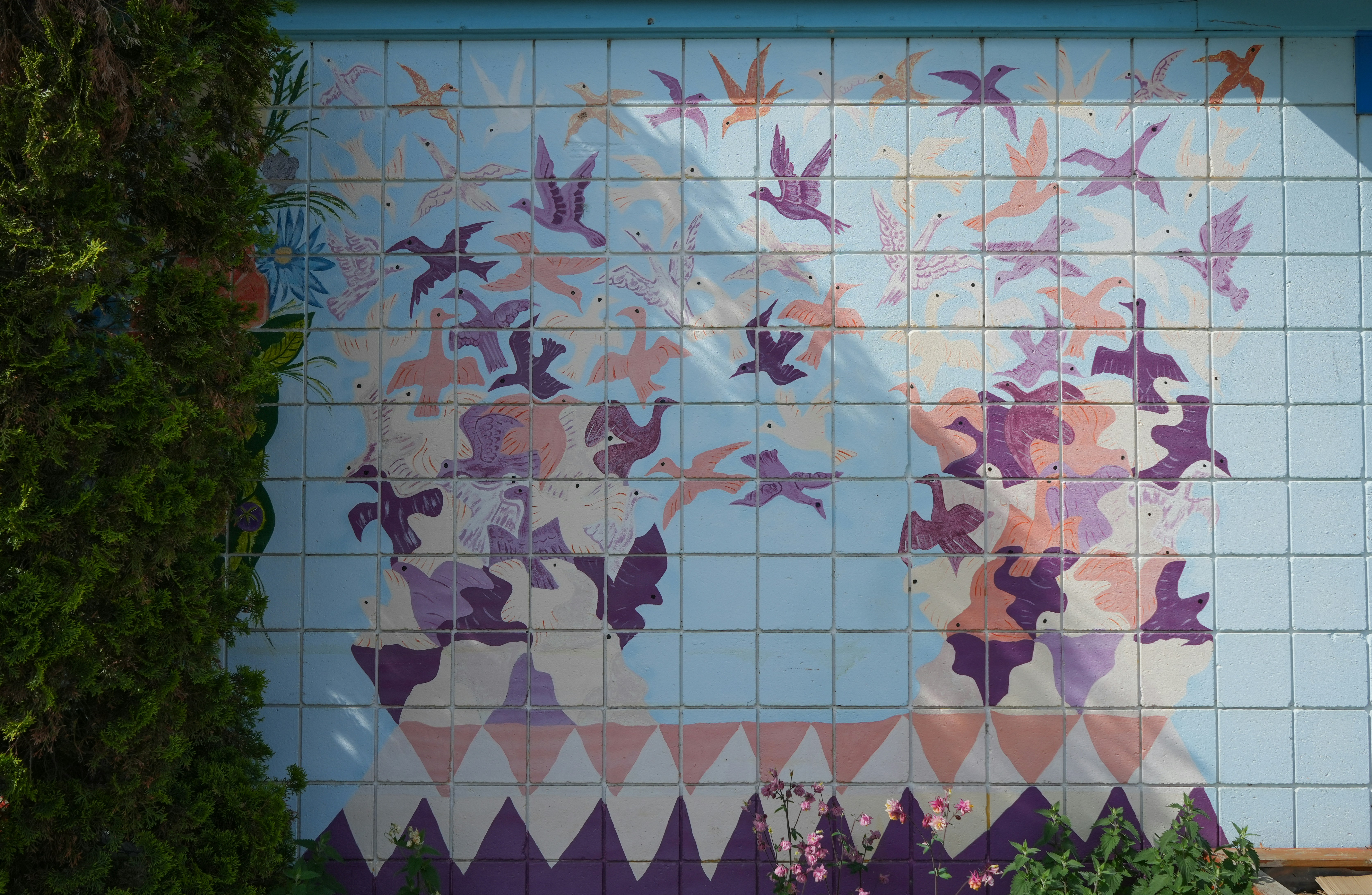Migrating Colors: A mural of birds and geometric motifs