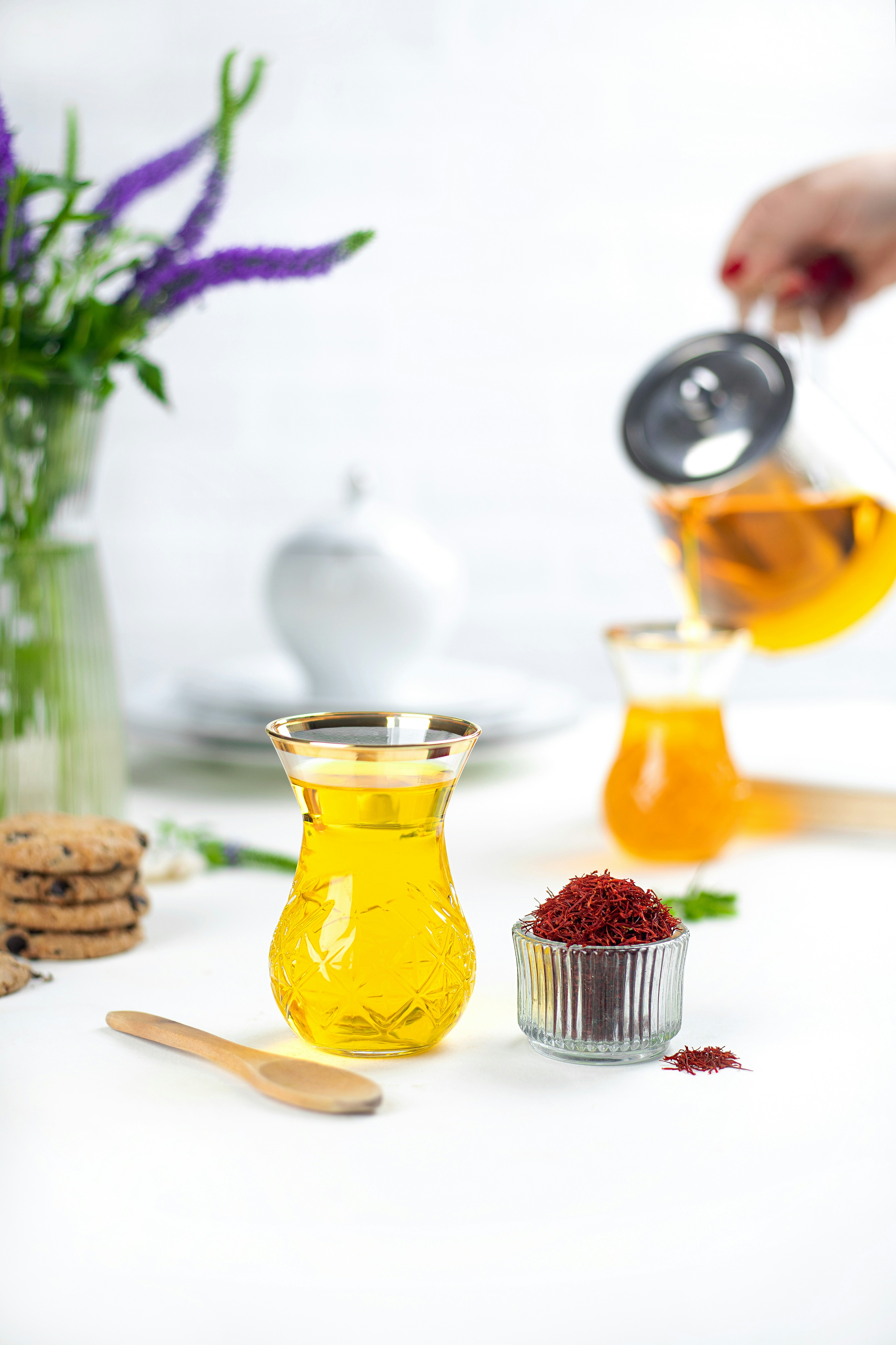 Golden Teardrops: Tea, Bloom, and Quiet Focus