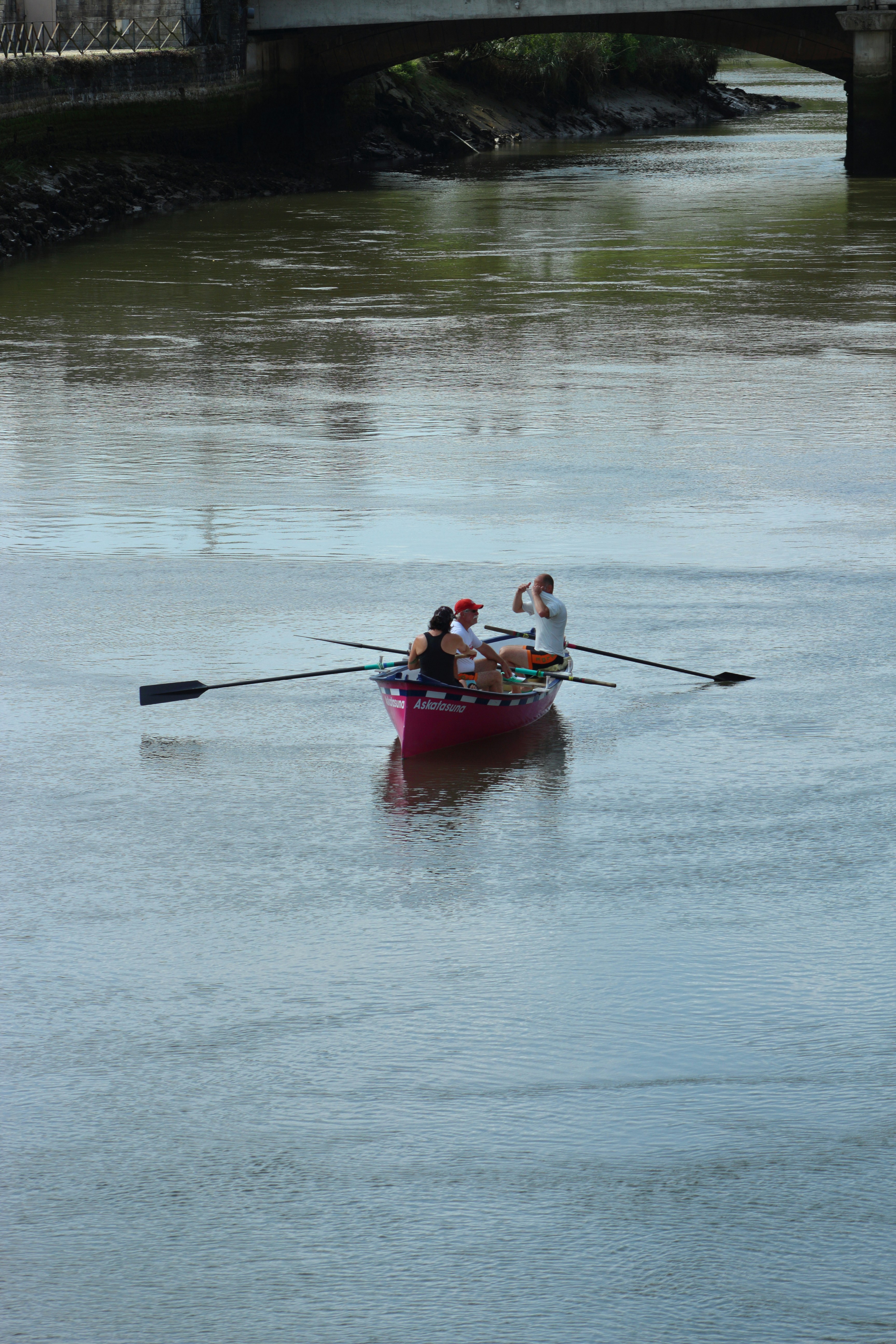 Rowing Trio Adrift: A Pink Boat and Gentle River Calm