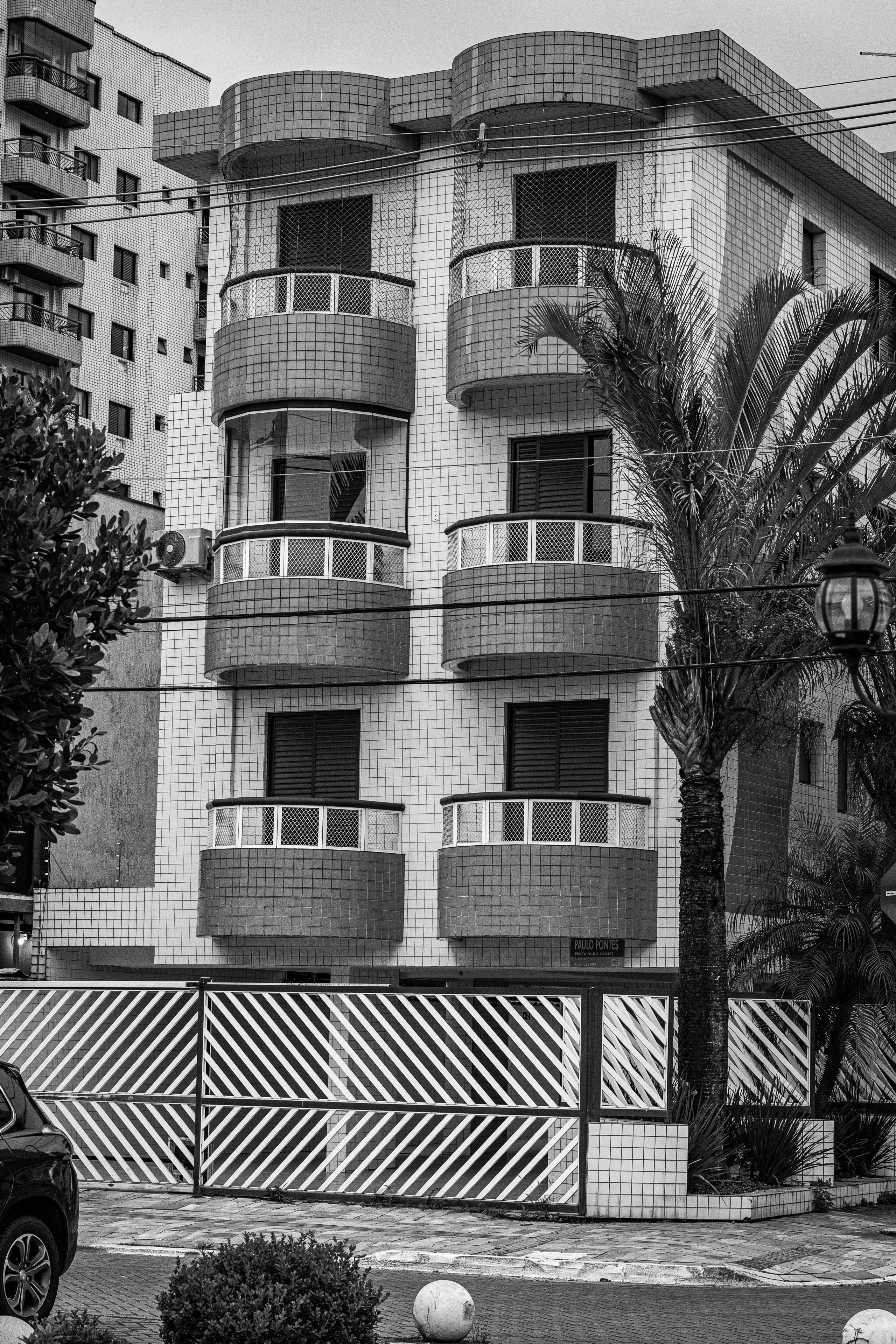 Art Deco Facade in Monochrome: Cylindrical Balconies and Palm Shadow