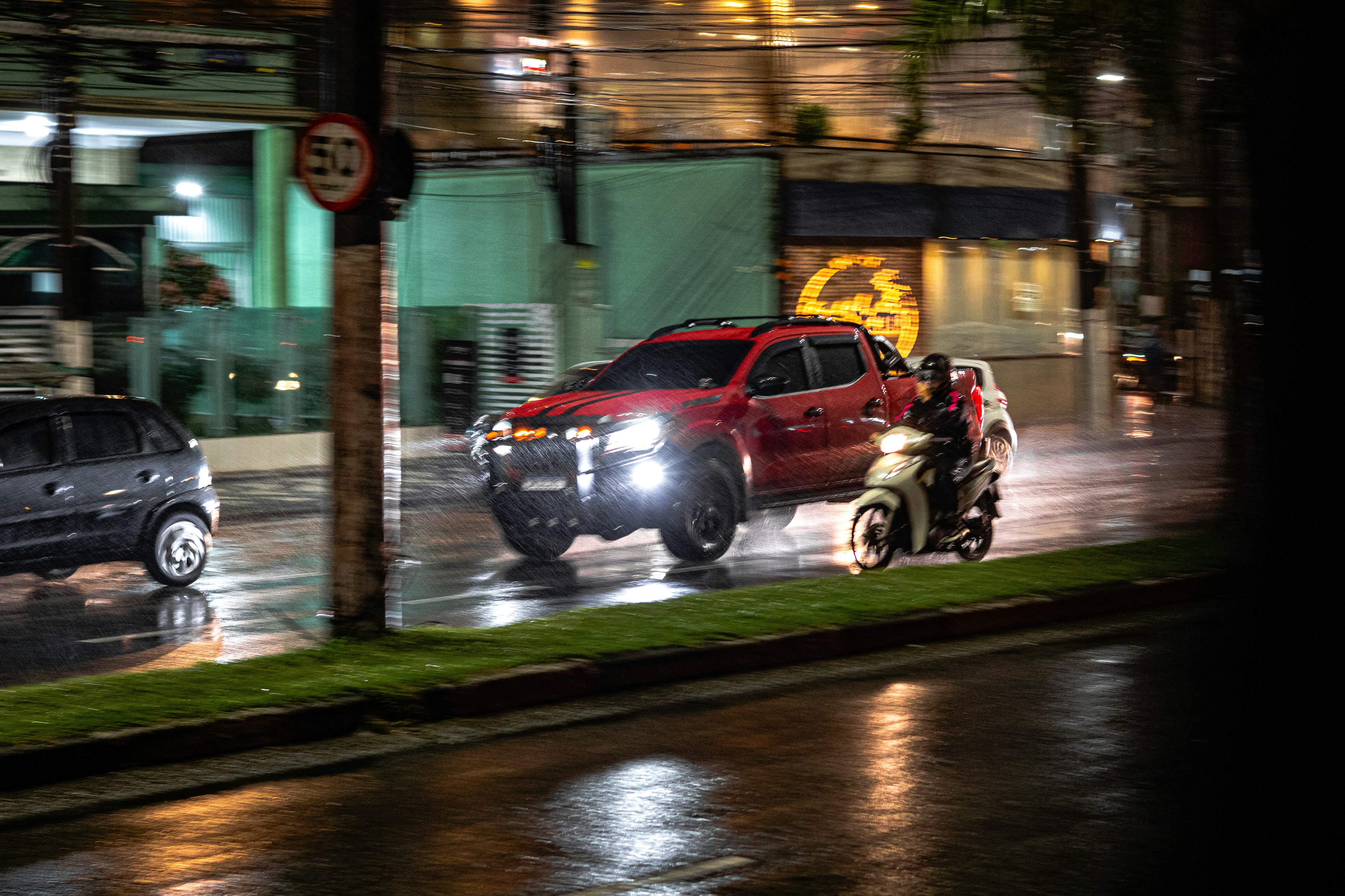 Red Pickup in the Night Rain Front-Row