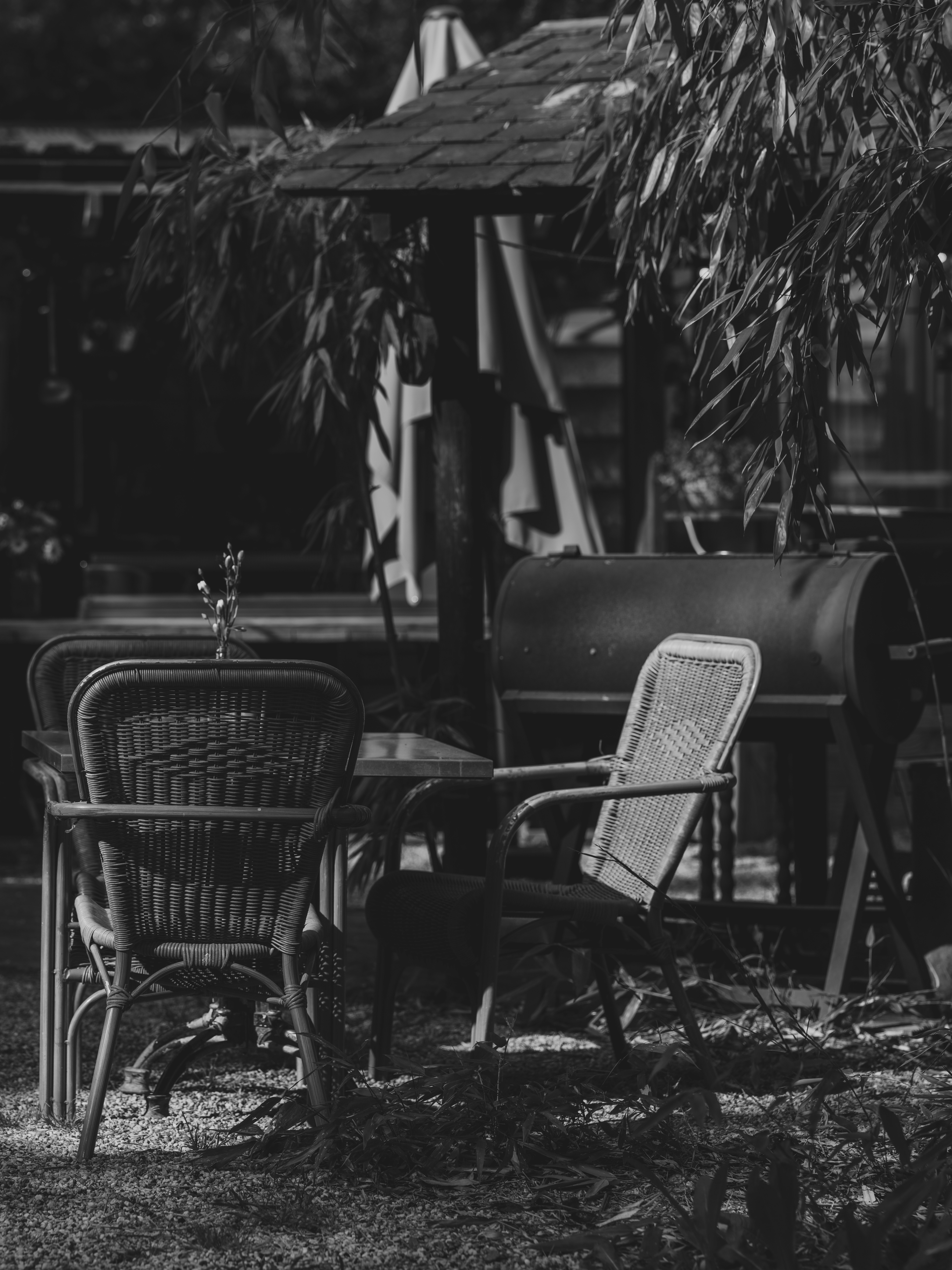 Deserted Café Corner in Monochrome