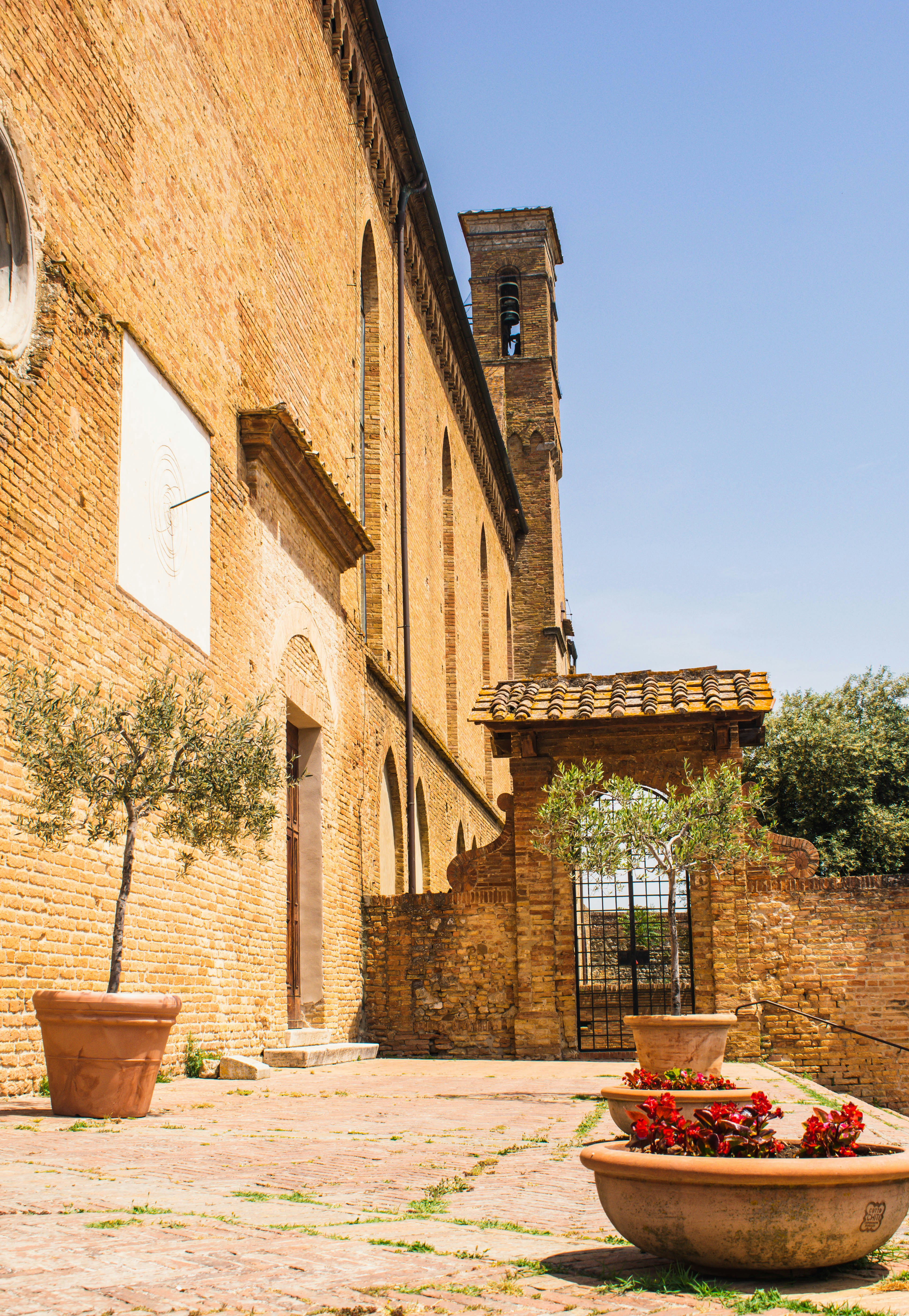 Sunny Cloister: A Corner Courtyard of Warm Brick and Pots