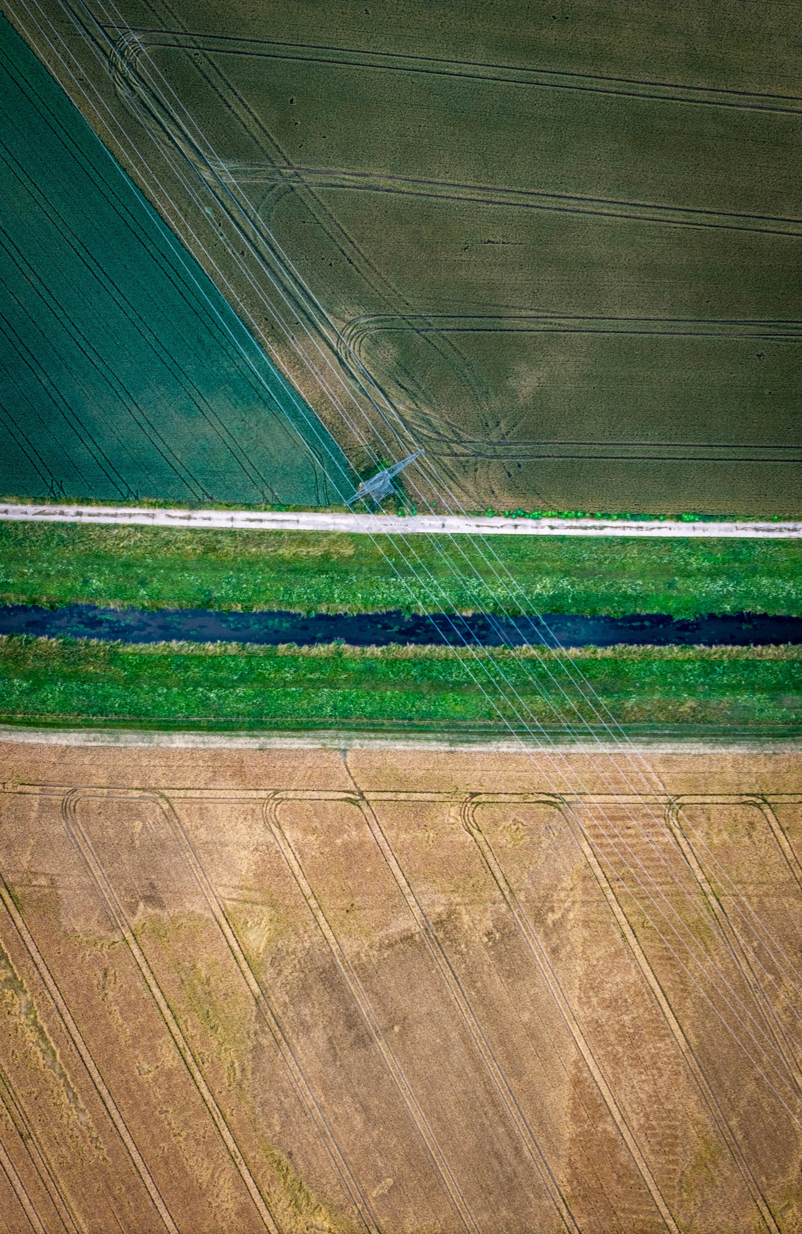 Aerial view of diverse fields, road, canal, and power lines.