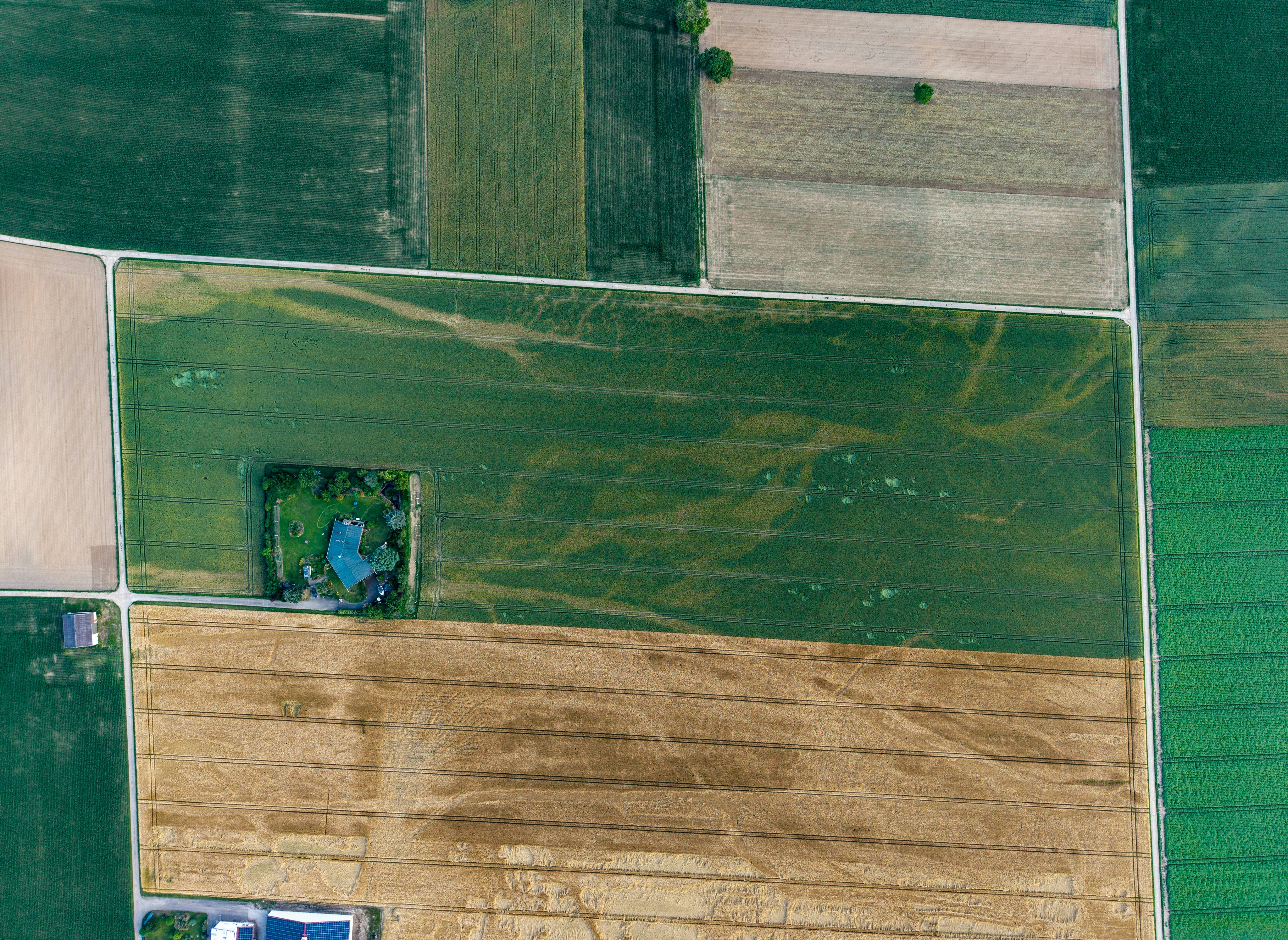 Aerial view of diverse agricultural fields with a small pond.