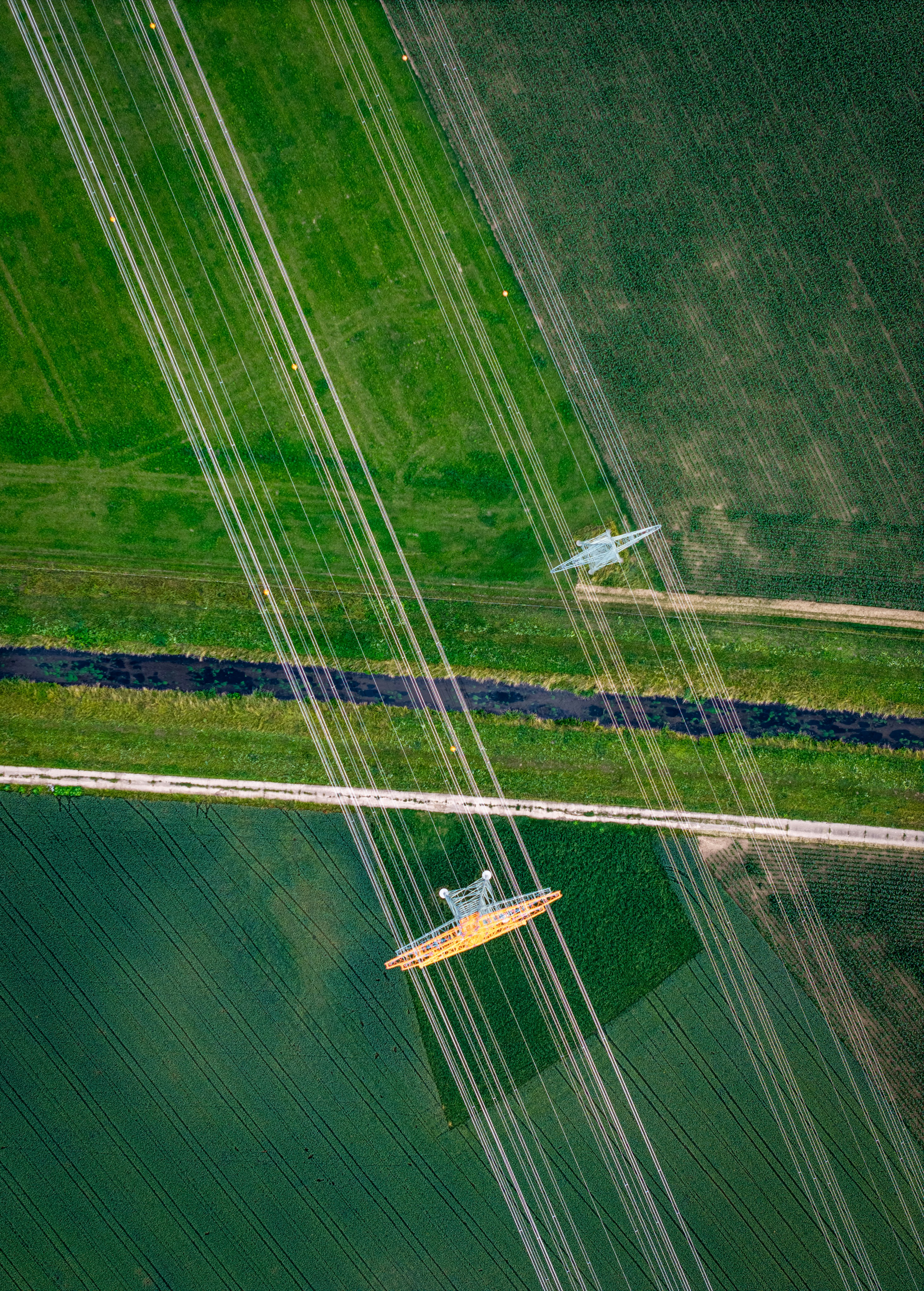 Power Lines in a Quilt of Fields: Aerial Geometry Amid Green Rows