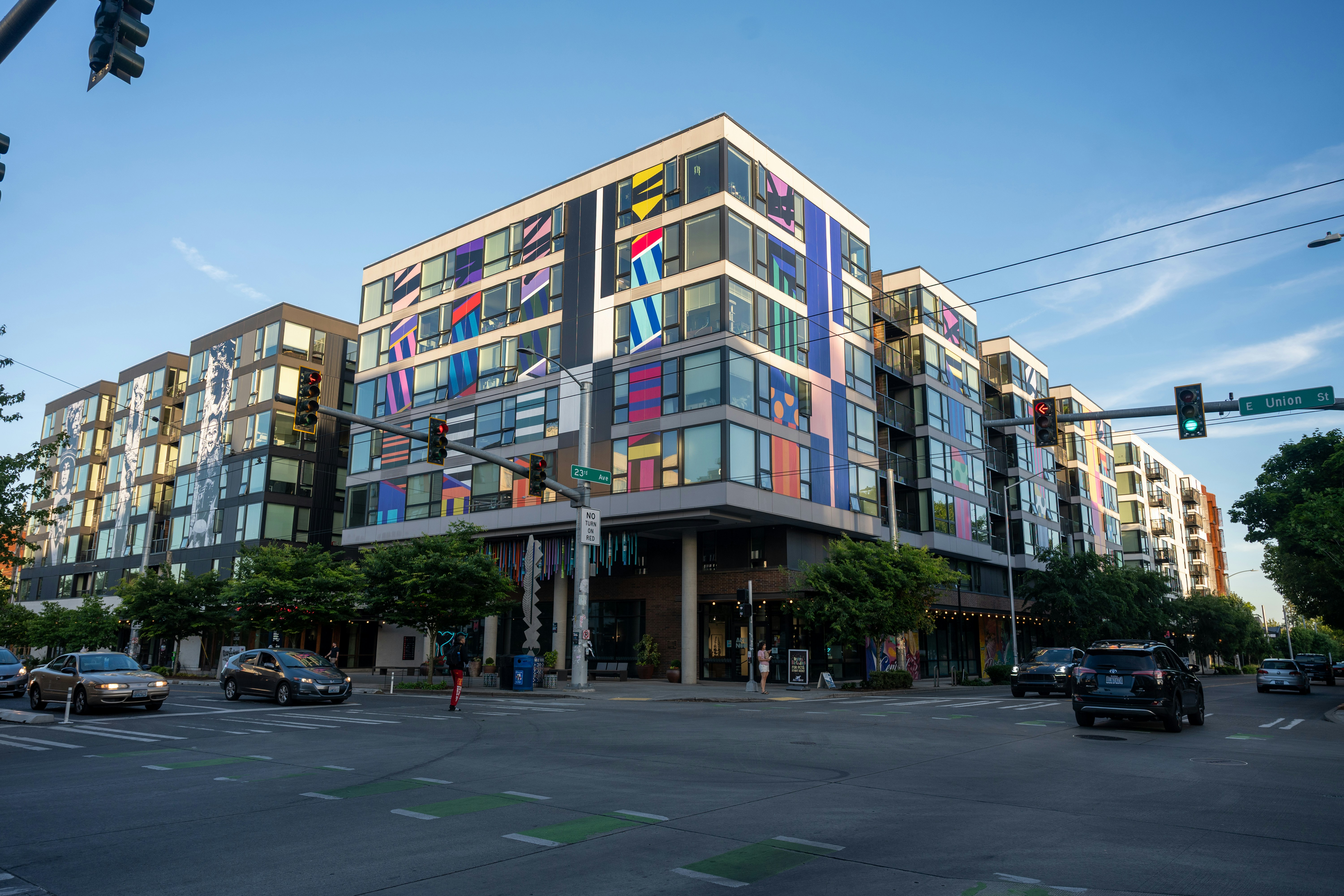 Colorful Urban Facade at a Busy Street Corner