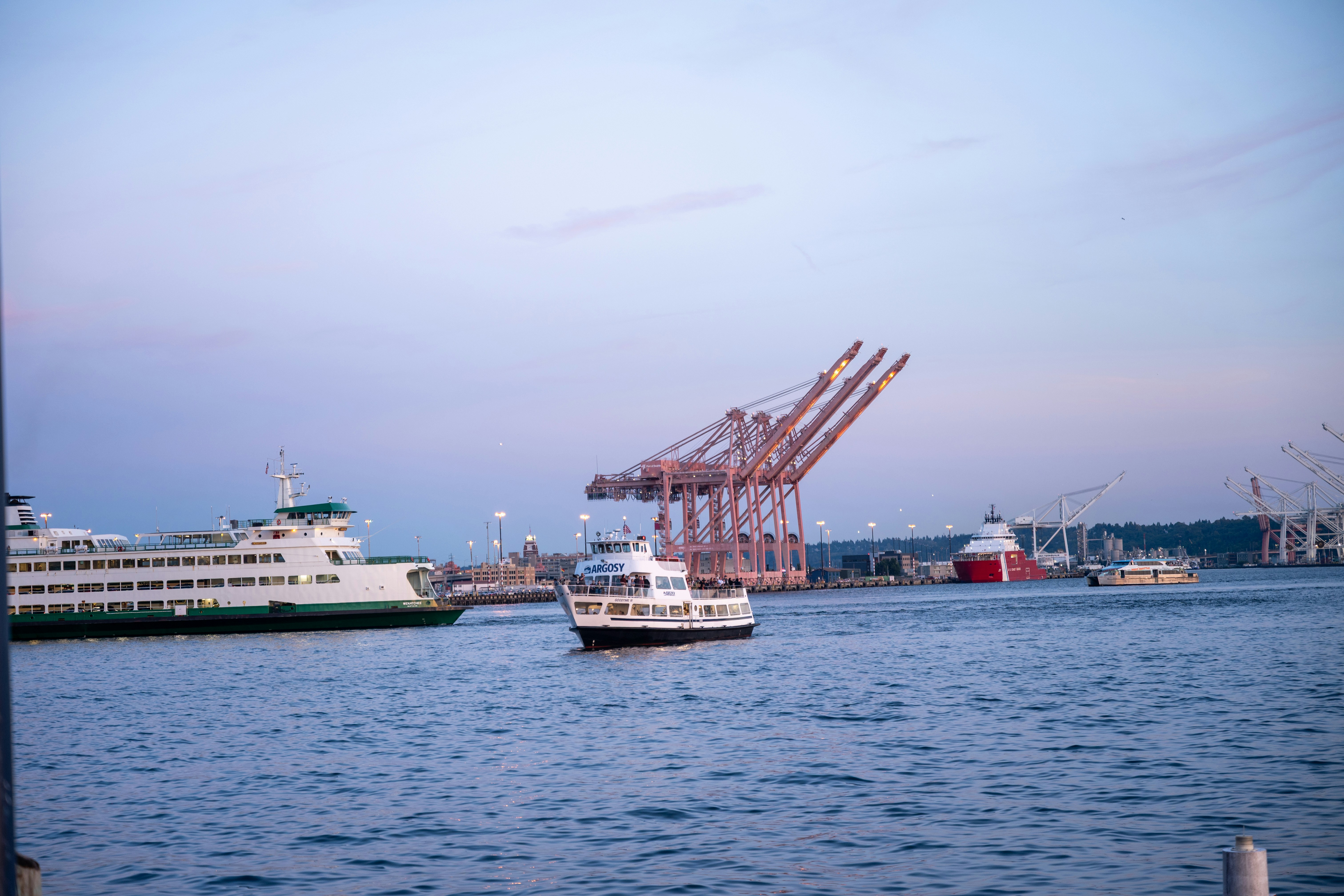 Harbor Cranes and Ferry Wake: Quiet Dusk at the Dock