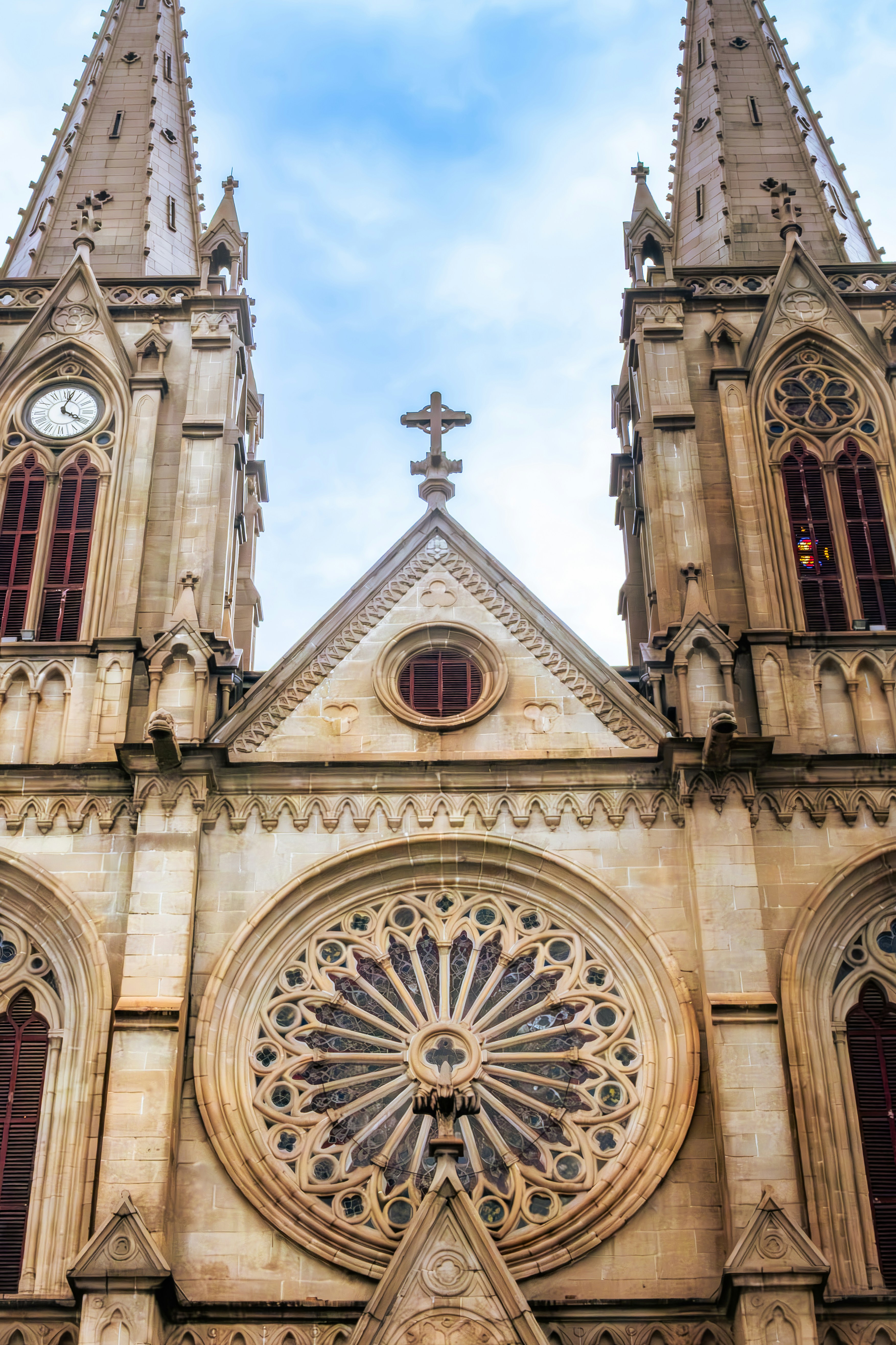 Gothic Cathedral Facade: Rose Window and Twin Spires