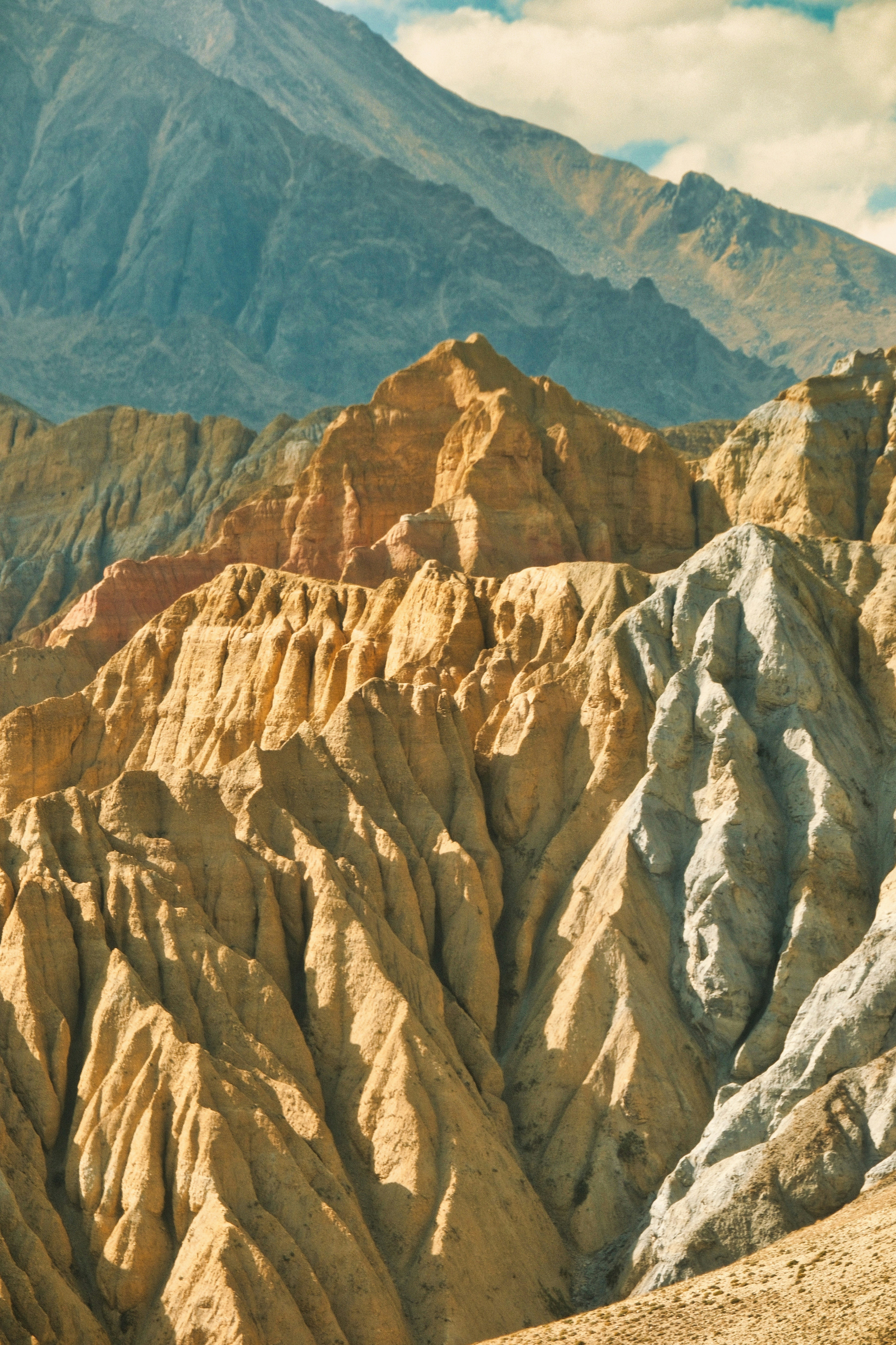 Striated Echoes: Multicolored Ridge Carvings in Desert Terrain
