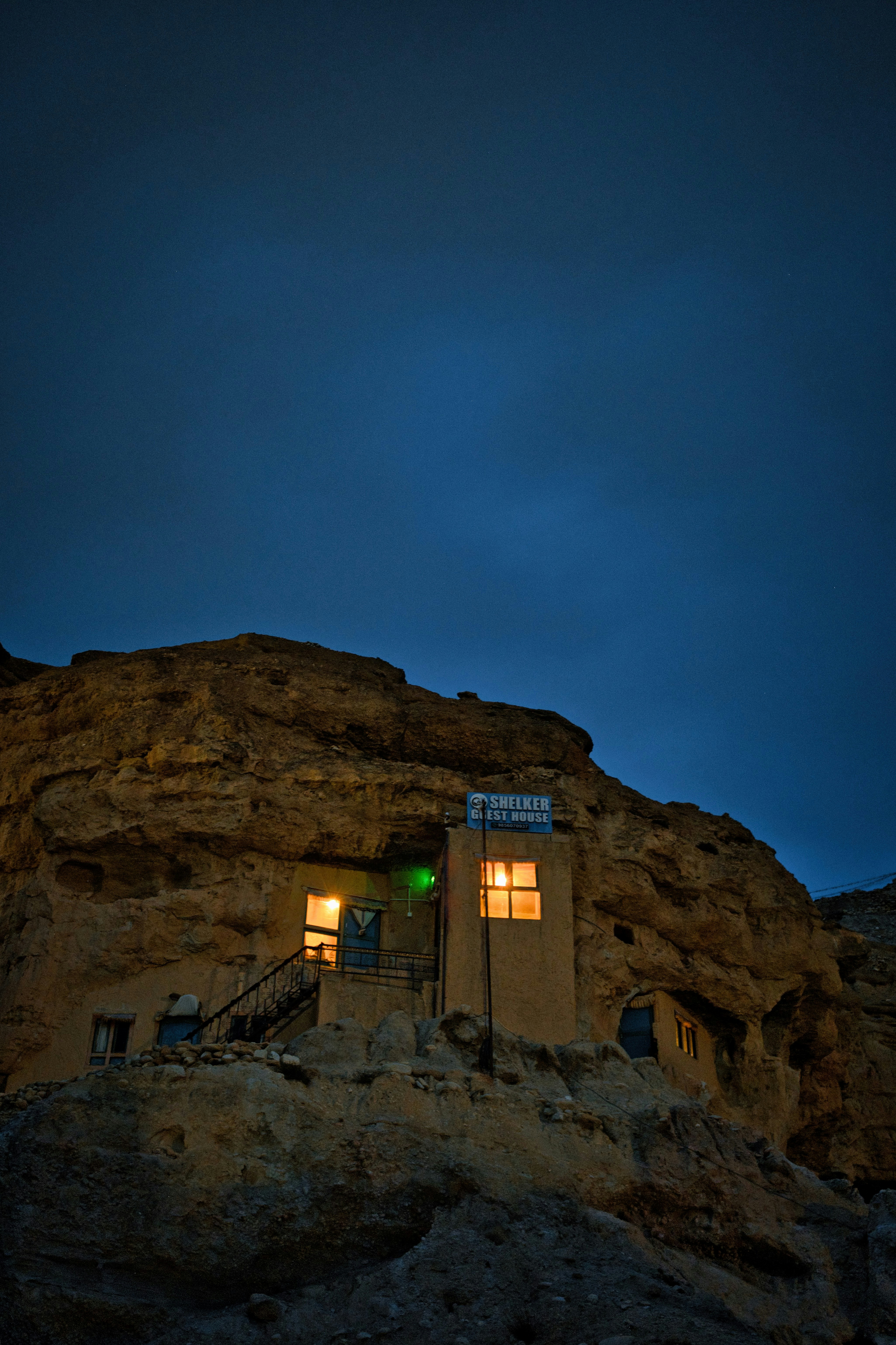 Lone Lamp in the Cliffside Inn at Blue Hour