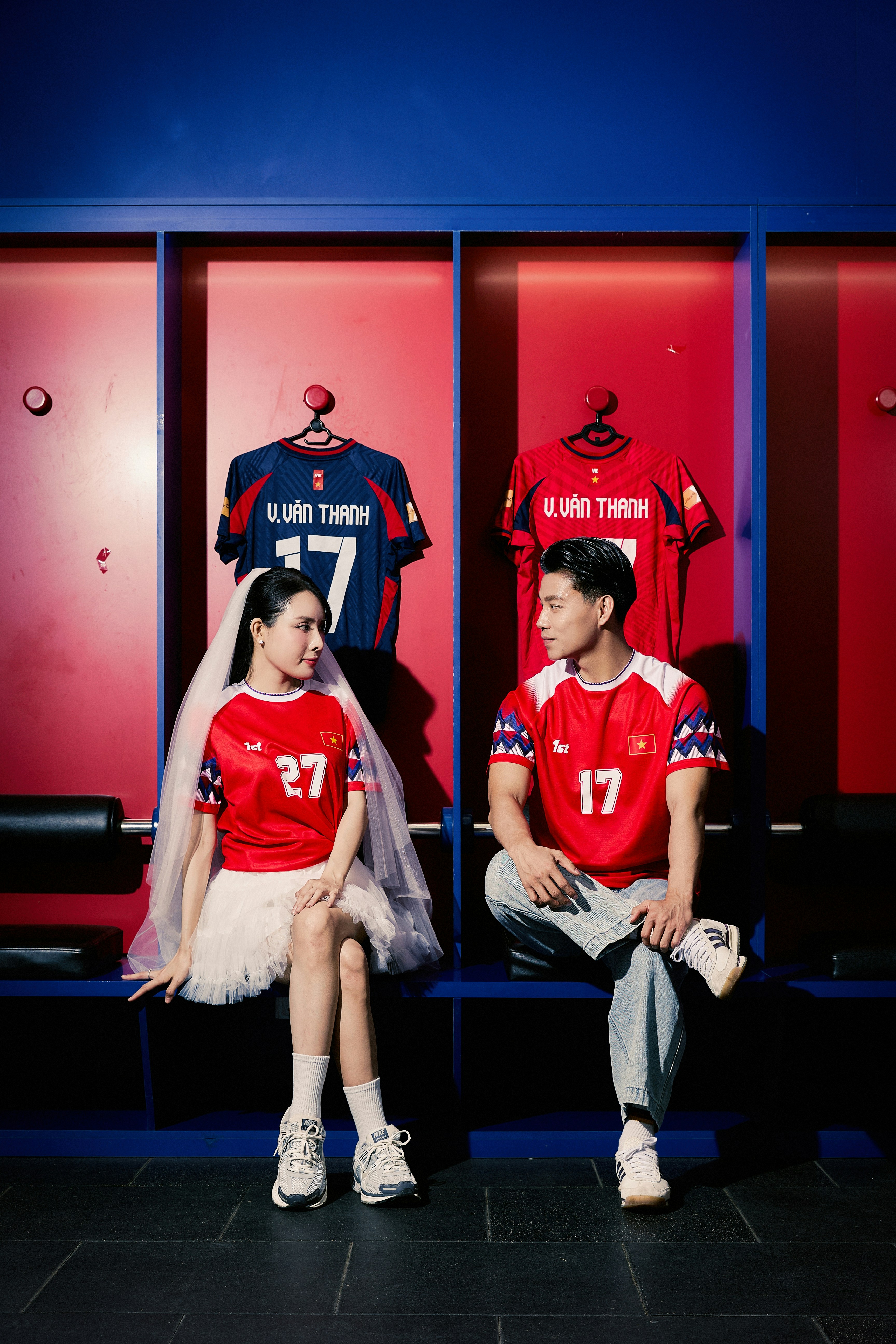 Locker Room Duo: Veils, Jerseys, and a Quiet Bride-to-Be Moment