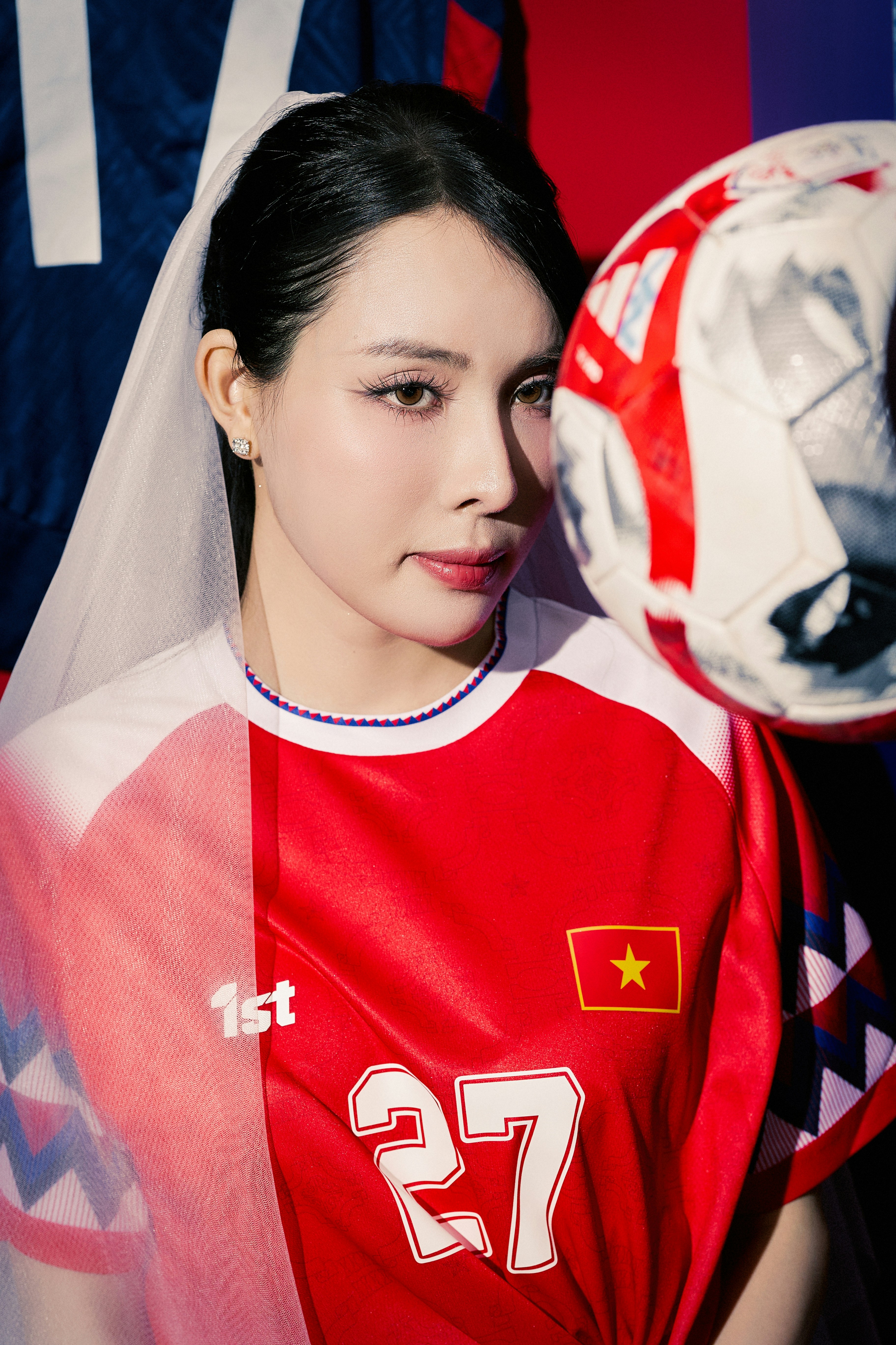 Bride in a Red Jersey: A Portrait of Focus and Flag Moments