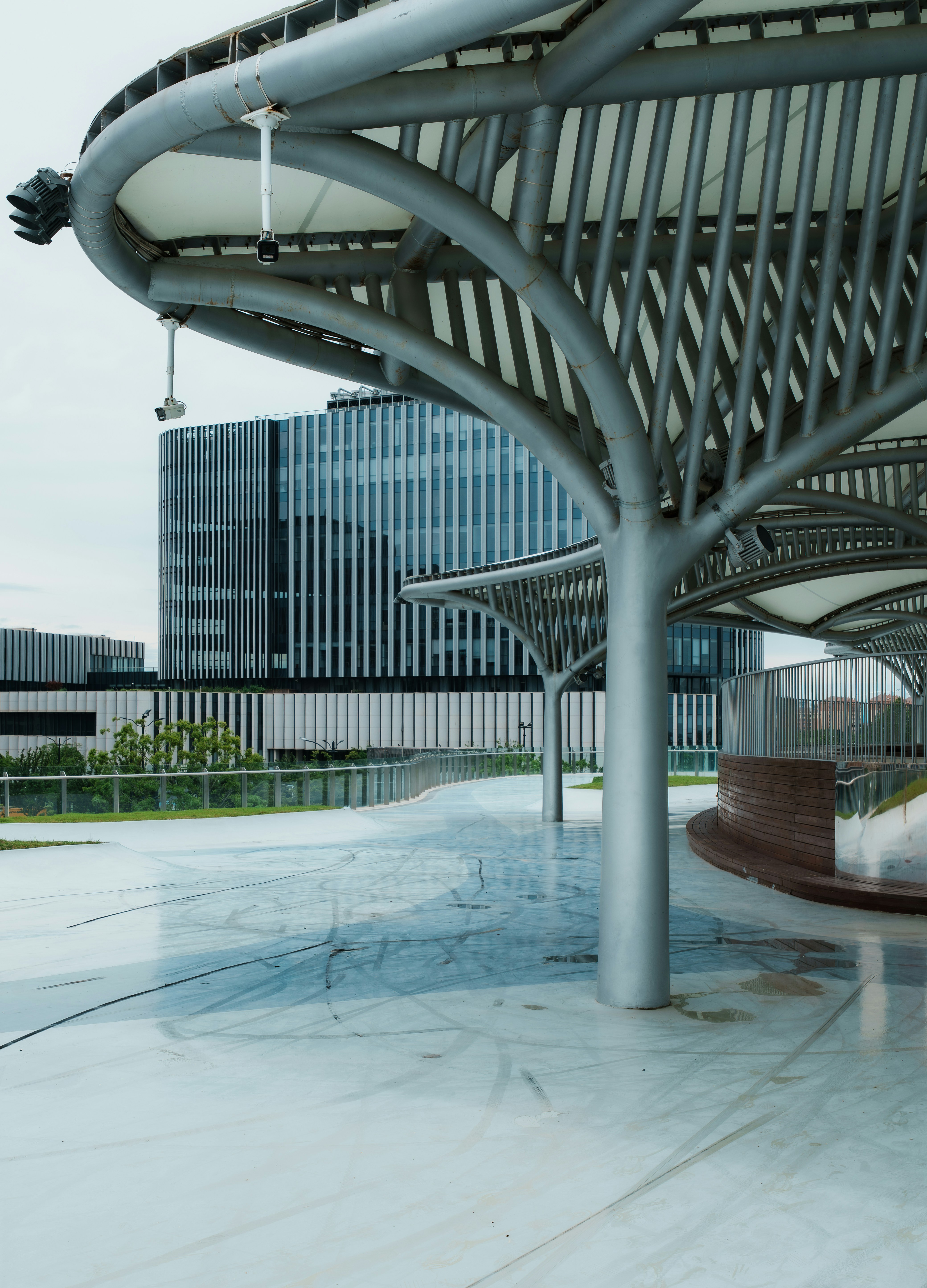 Curved Steel Canopy Over a Modern City Walkway