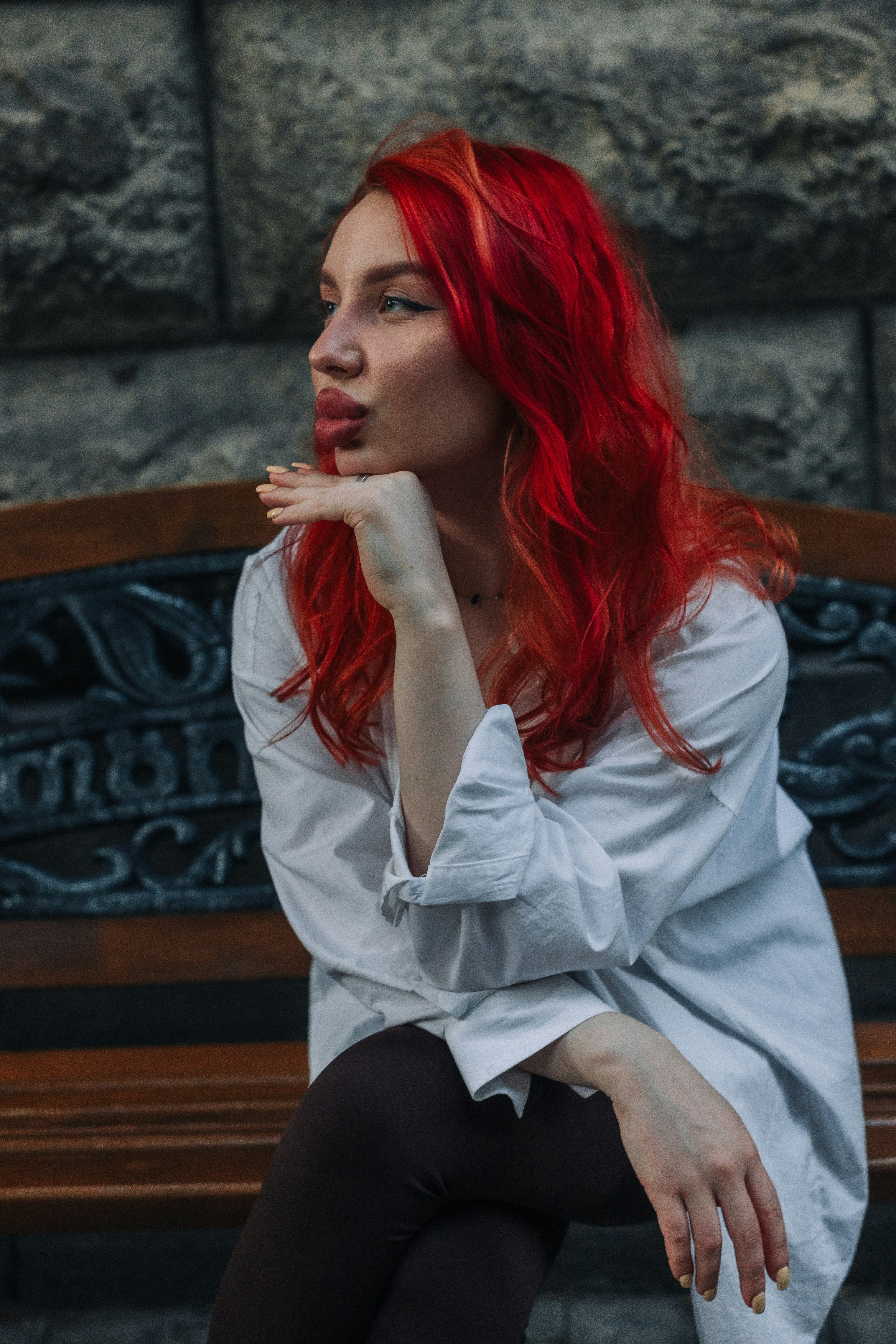 Crimson Imaginary: A Quiet Pose on the Bench