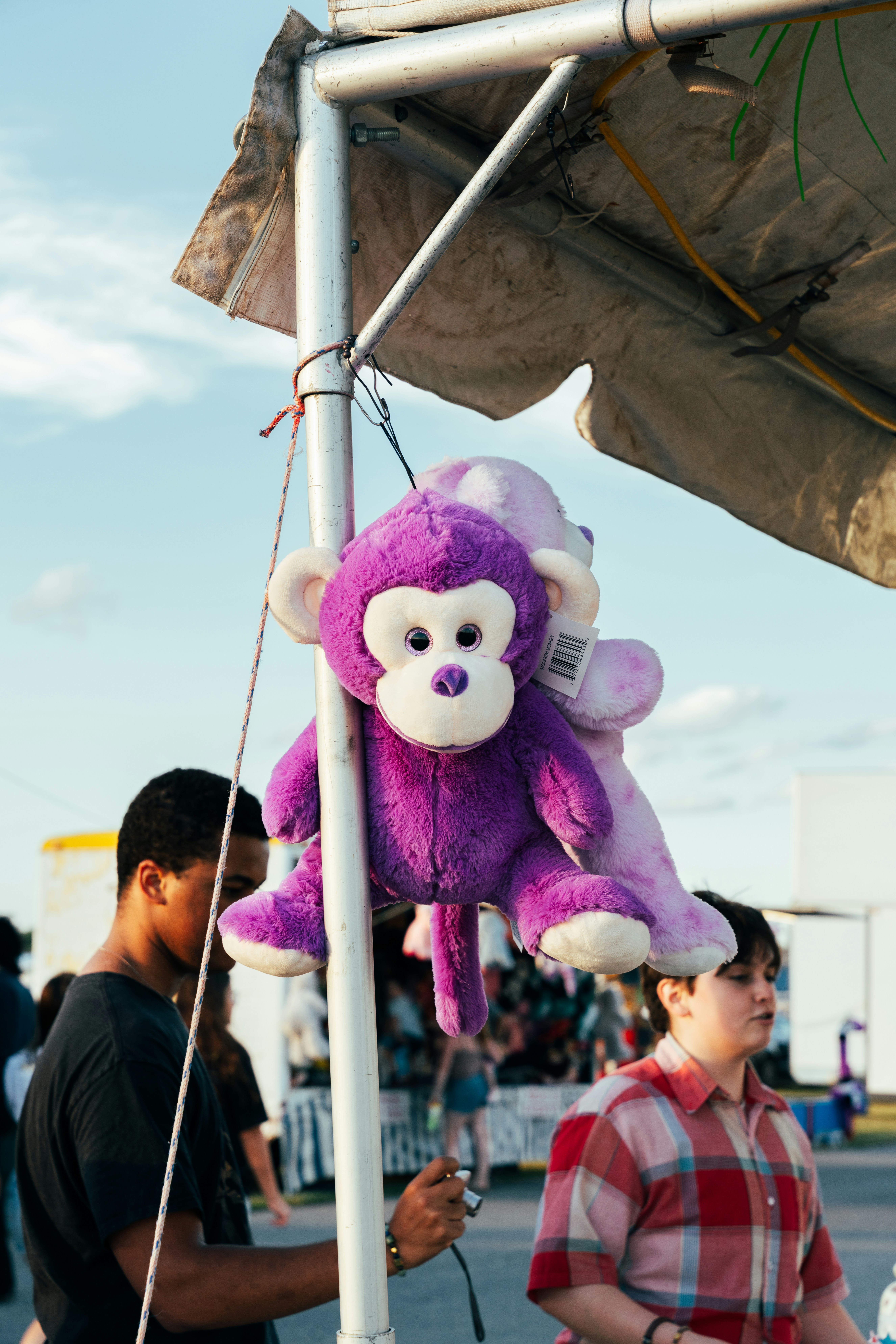 Purple Monkey Plush Hanging at a Street Fair