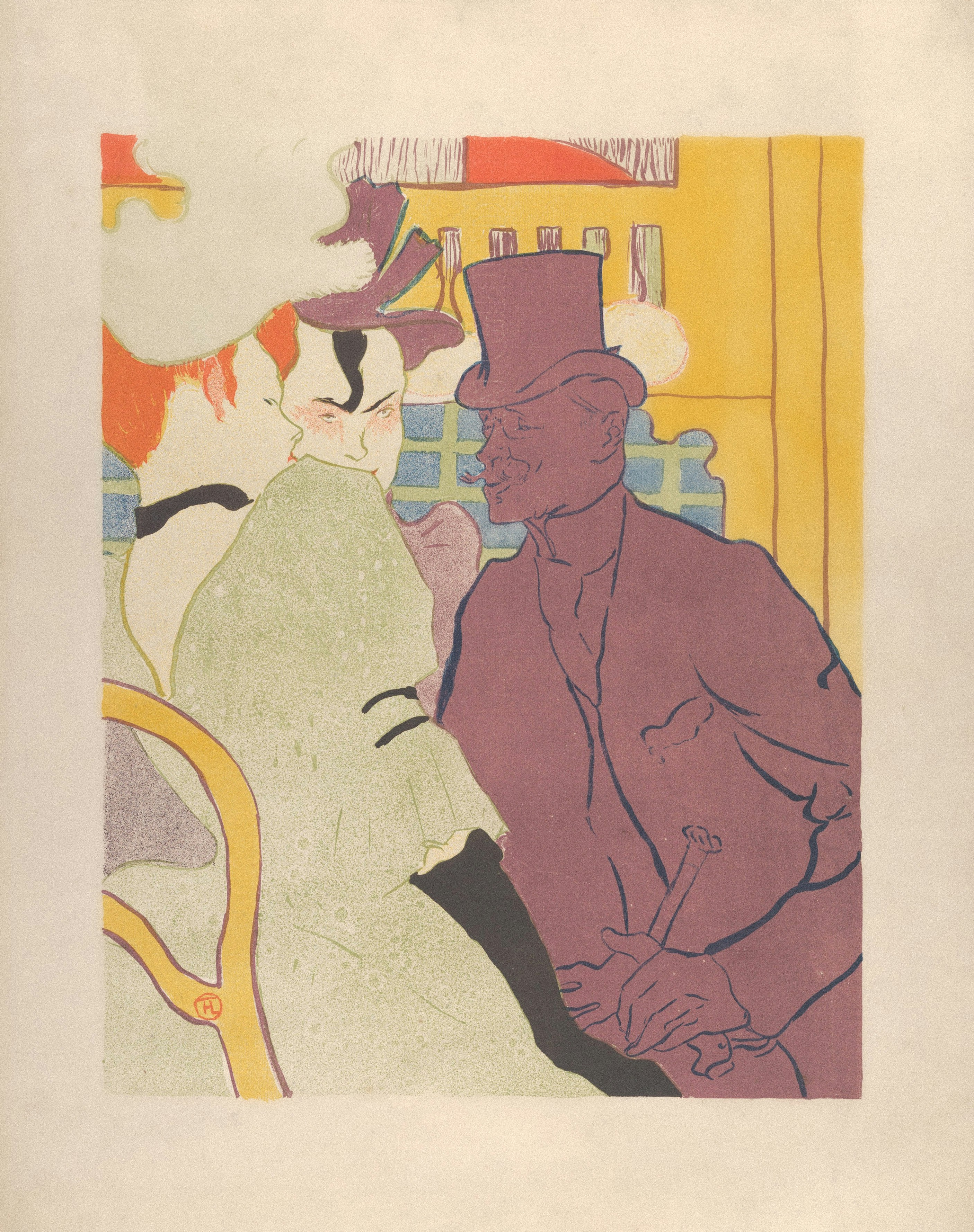 Title: The Englishman at the Moulin Rouge,Artist: Henri de Toulouse-Lautrec (French, Albi 1864–1901 Saint-André-du-Bois),Printer: Edward Ancourt (French, active 1872–1895),Publisher: Boussod, Valadon and Co. (Paris),Date: 1892,Medium: Lithograph printed in six colors on laid paper; second state of two,Dimensions: Sheet: 24 5/8 × 19 1/8 in. (62.5 × 48.5 cm)Image: 18 1/2 × 14 11/16 in. (47 × 37.3 cm),Classification: Prints,Credit Line: Gift of Bessie Potter Vonnoh, 1941,Object Number: 41.12.17,Curatorial Department: Drawings and Prints