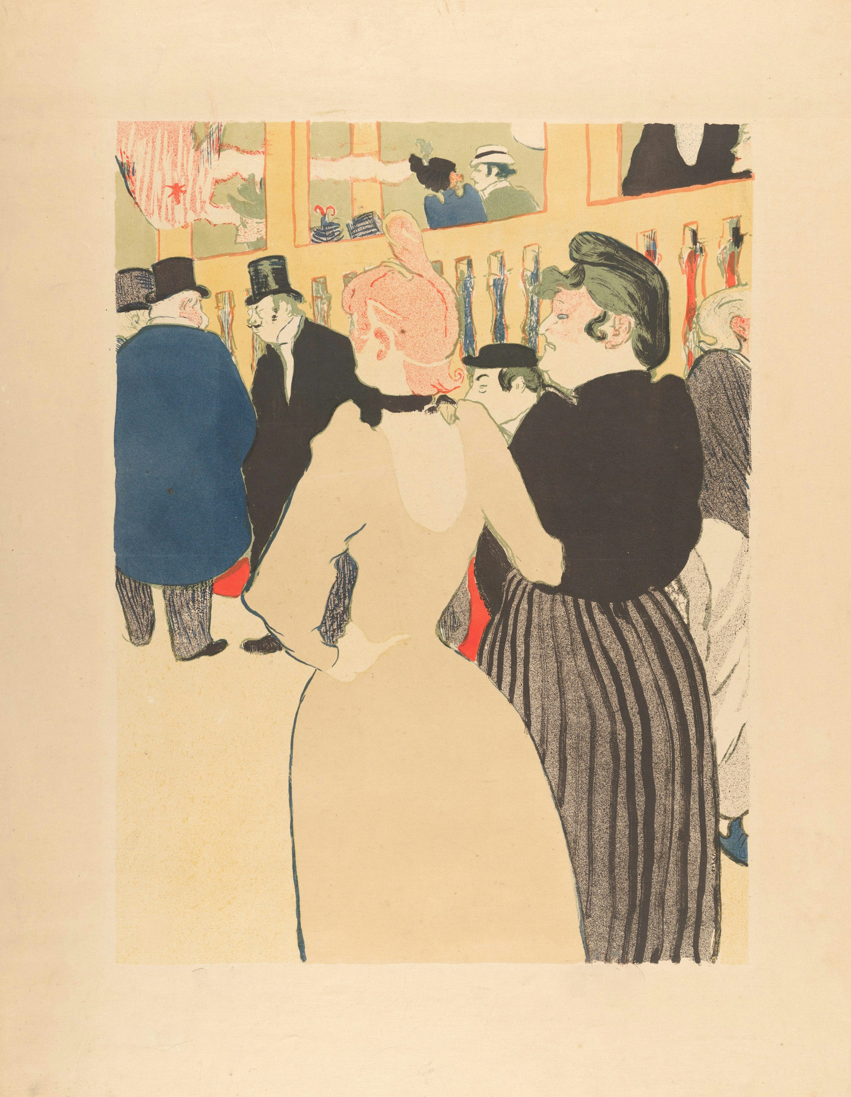 Title: At the Moulin Rouge: La Goulue and Her Sister,Artist: Henri de Toulouse-Lautrec (French, Albi 1864–1901 Saint-André-du-Bois),Printer: Edward Ancourt (French, active 1872–1895),Publisher: Boussod, Valadon and Co. (Paris),Date: 1892,Medium: Lithograph printed in six colors on wove paper; second state of two,Dimensions: Image: 17 1/2 x 13 1/2 in. (44.5 x 34.3 cm),Sheet: 24 1/2 x 19 in. (62.2 x 48.3 cm),Classification: Prints,Credit Line: Gift of Bessie Potter Vonnoh, 1941,Object Number: 41.12.18,Curatorial Department: Drawings and Prints