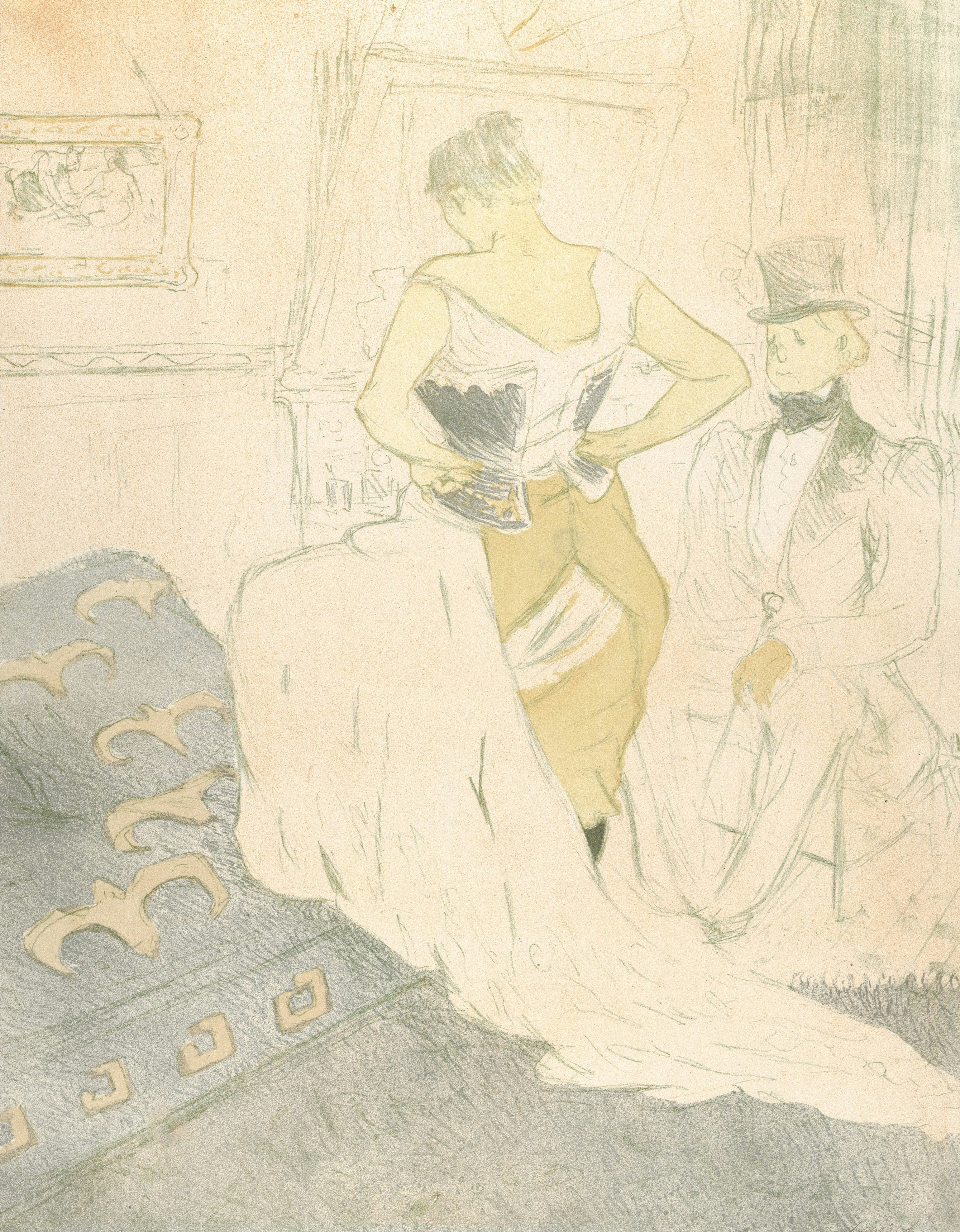 Title: Fastening a Corset – A Passing Conquest, from "Elles",Series/Portfolio: Elles (Those Women),Artist: Henri de Toulouse-Lautrec (French, Albi 1864–1901 Saint-André-du-Bois),Publisher: Gustave Pellet (French, Paris 1859–1919 Paris),Date: 1896,Medium: Crayon, brush and spatter lithograph with scraper printed in five colors on wove paper,Dimensions: sheet: 20 11/16 x 15 15/16 in. (52.5 x 40.5 cm),Classification: Prints,Credit Line: Alfred Stieglitz Collection, 1949,Object Number: 49.55.58,Curatorial Department: Drawings and Prints, http://www.metmuseum.org/art/collection/search/334102
