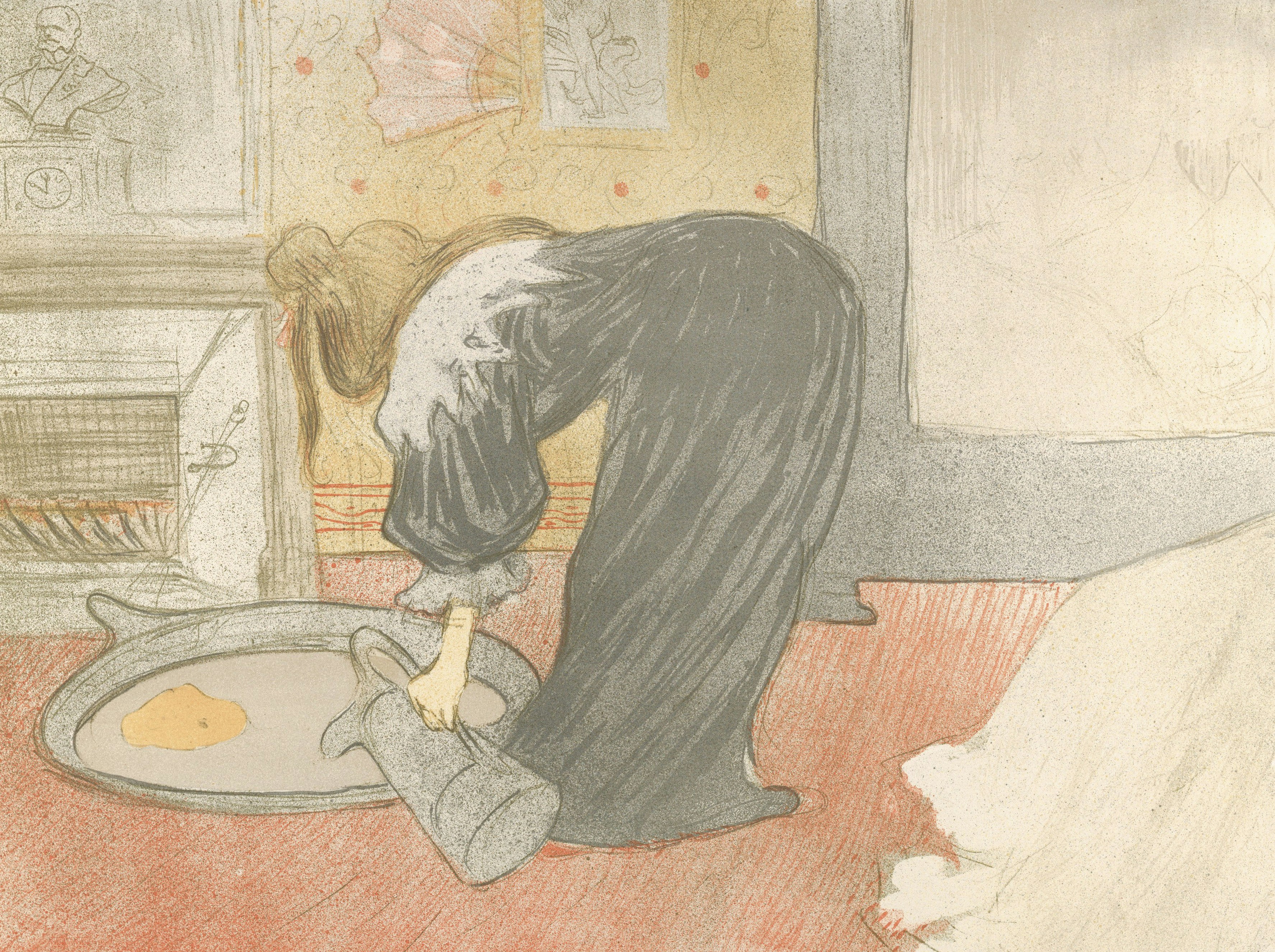 Title: Filling a Tub, from "Elles",Series/Portfolio: Elles,Artist: Henri de Toulouse-Lautrec (French, Albi 1864–1901 Saint-André-du-Bois),Publisher: Gustave Pellet (French, Paris 1859–1919 Paris),Date: 1896,Medium: Crayon, brush and spatter lithograph printed in five colors on wove paper,Dimensions: sheet: 15 3/4 x 20 11/16 in. (40 x 52.5 cm),Classification: Prints,Credit Line: Alfred Stieglitz Collection, 1949,Object Number: 49.55.53,Curatorial Department: Drawings and Prints, http://www.metmuseum.org/art/collection/search/334097