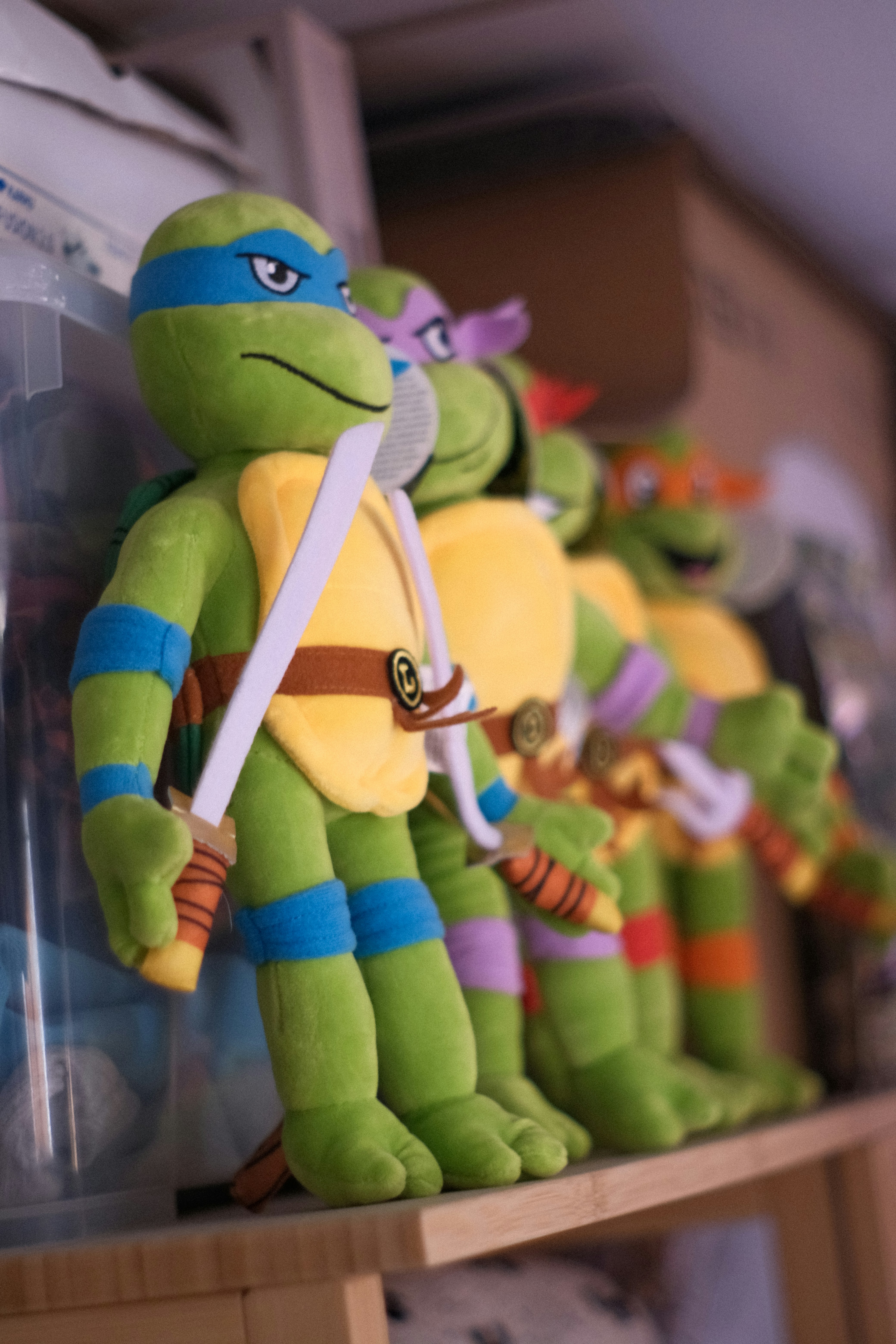 Shelf of Ninja Turtles Plushes: A Row of Greenmasked Warriors