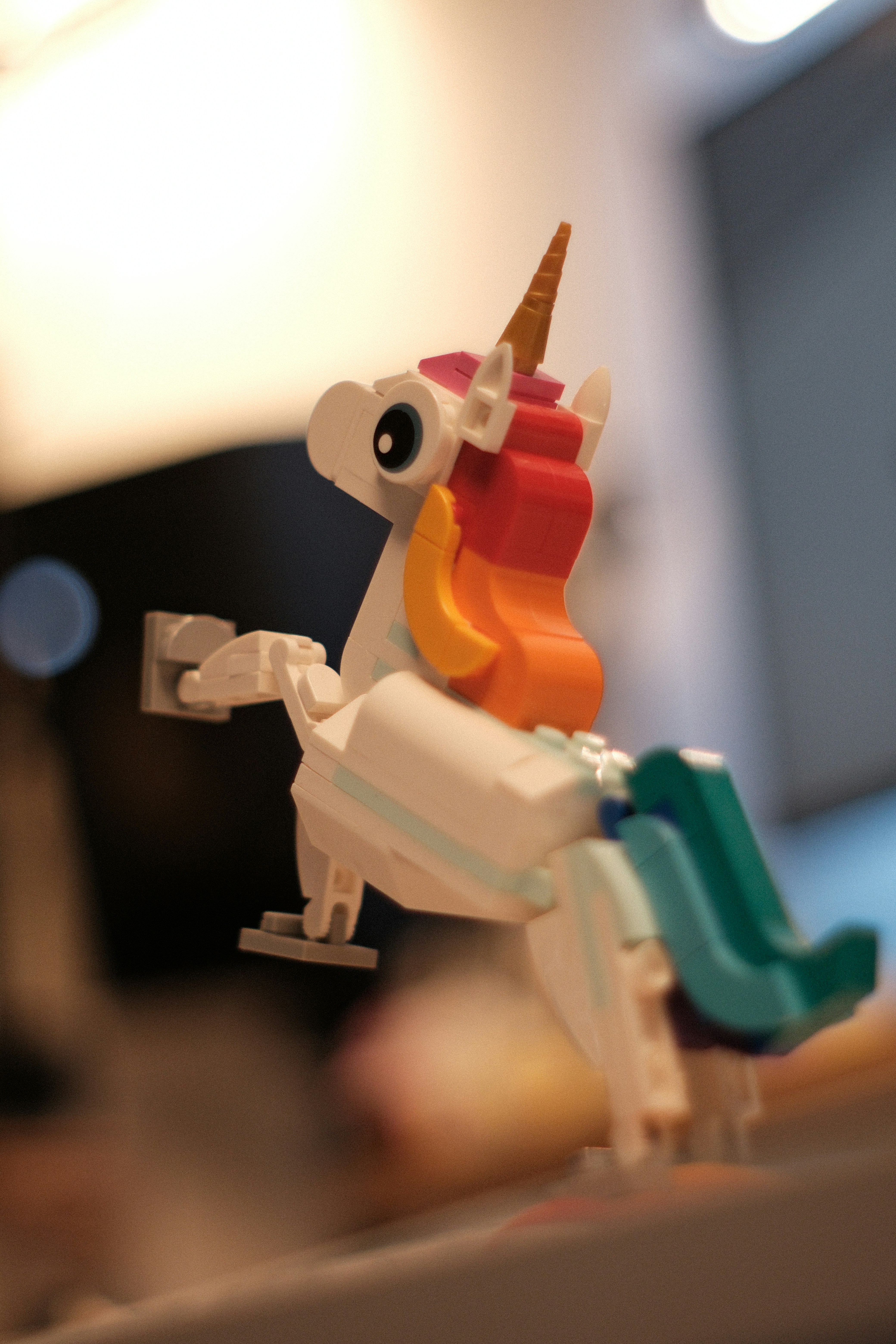 Lego Unicorn Toy Stands Proud, Blurred Background