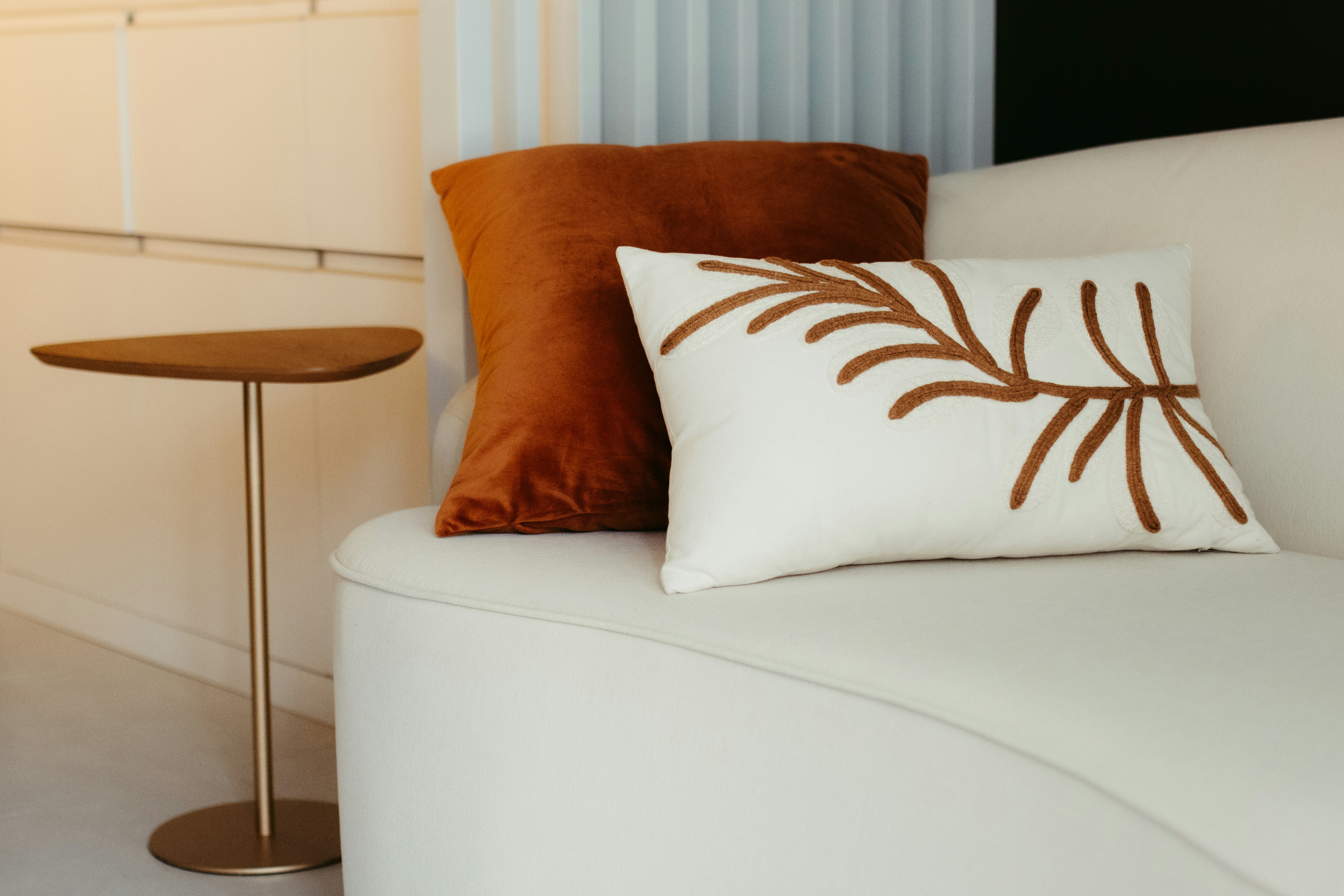Soft Comfort: Velvet Burnt Orange Cushions on a White Curved Sofa