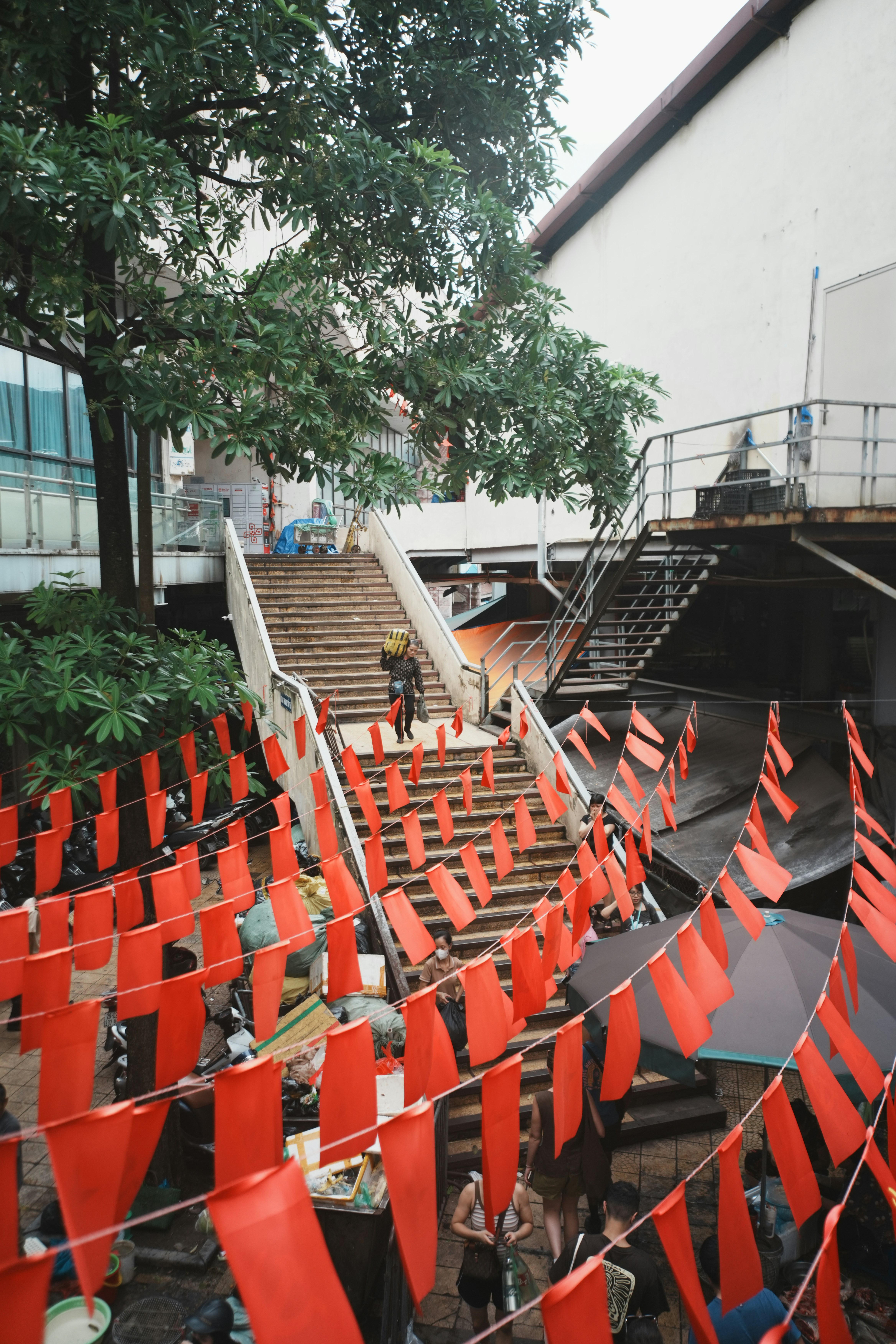 Red Streamers and Urban Stairway: A Quiet Moment Beneath the Canopy