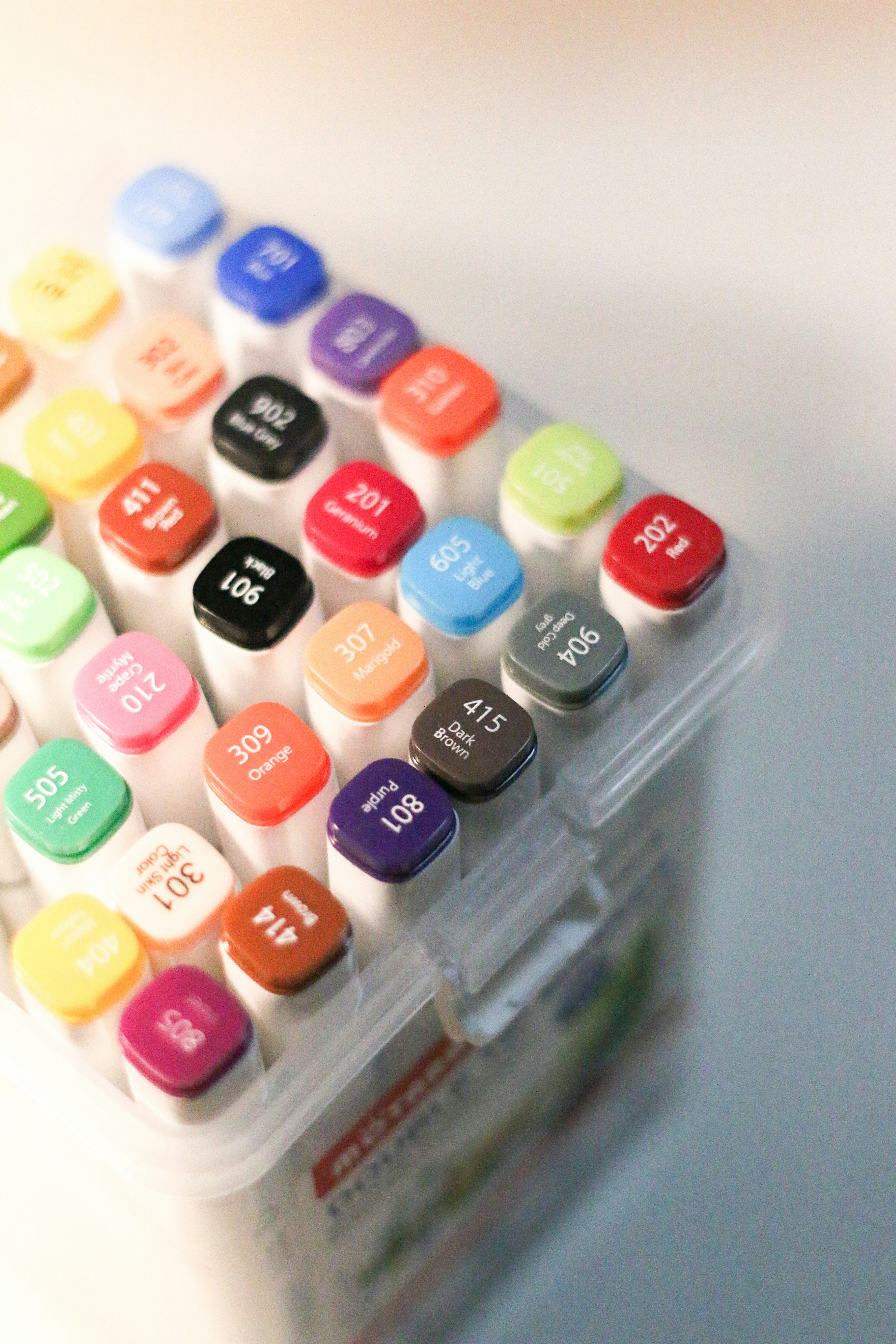 Vibrant Marker Cap Array: Colorful Ink Dots in a Clear Organizer