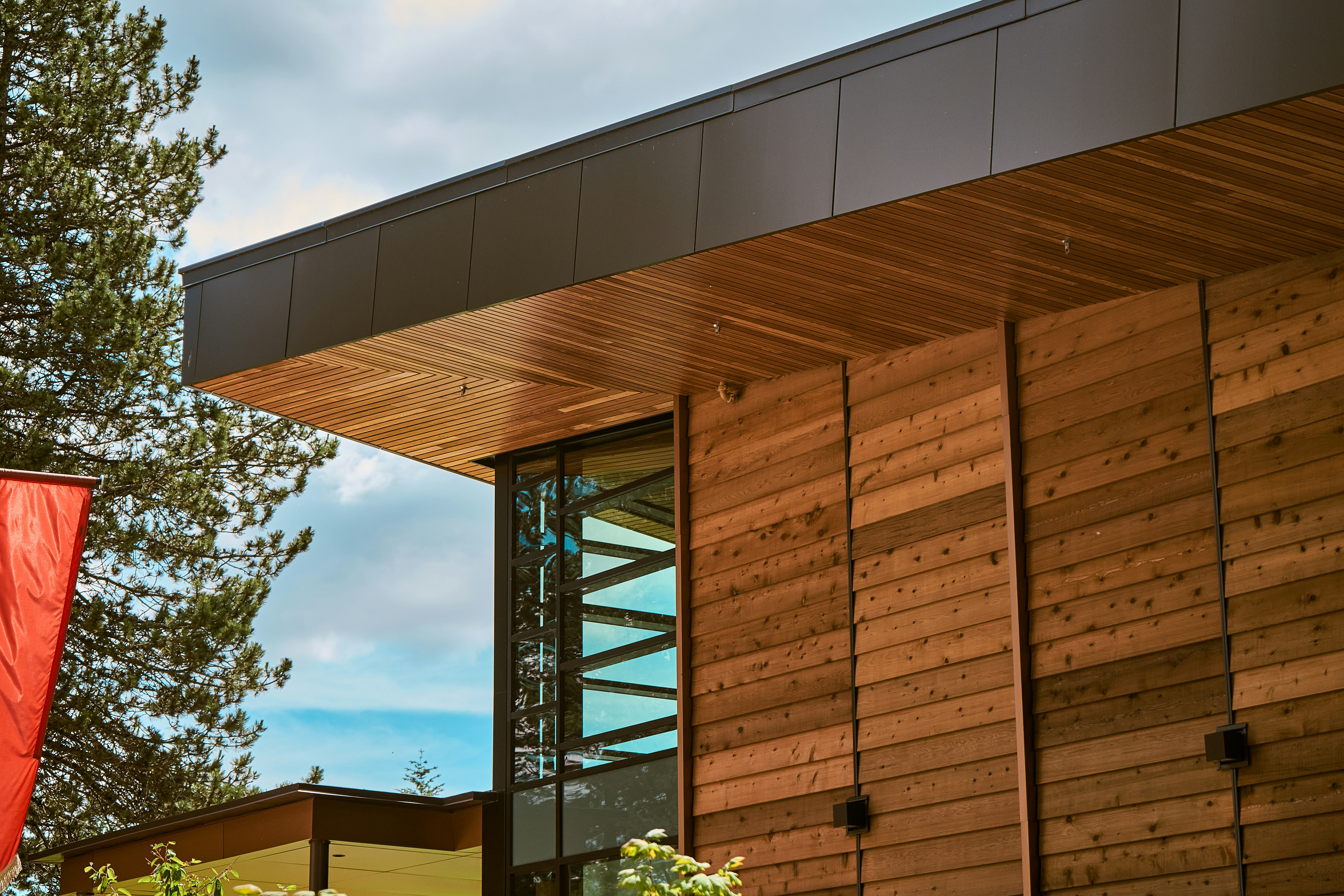 Timber Facade and Overhang Framing at Noon