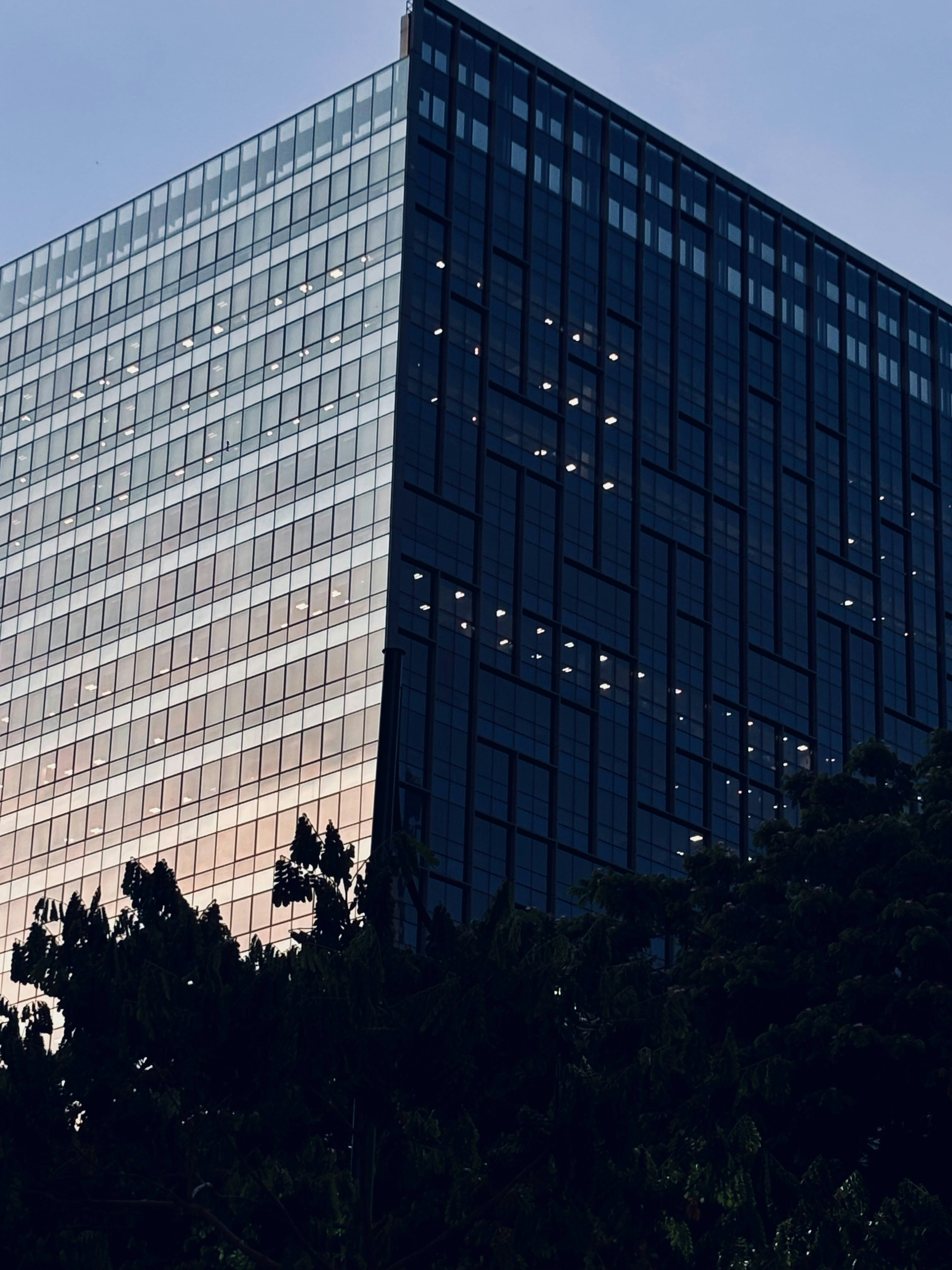 Glass Facade at Dusk: Geometry and Shadows on a Skyscraper