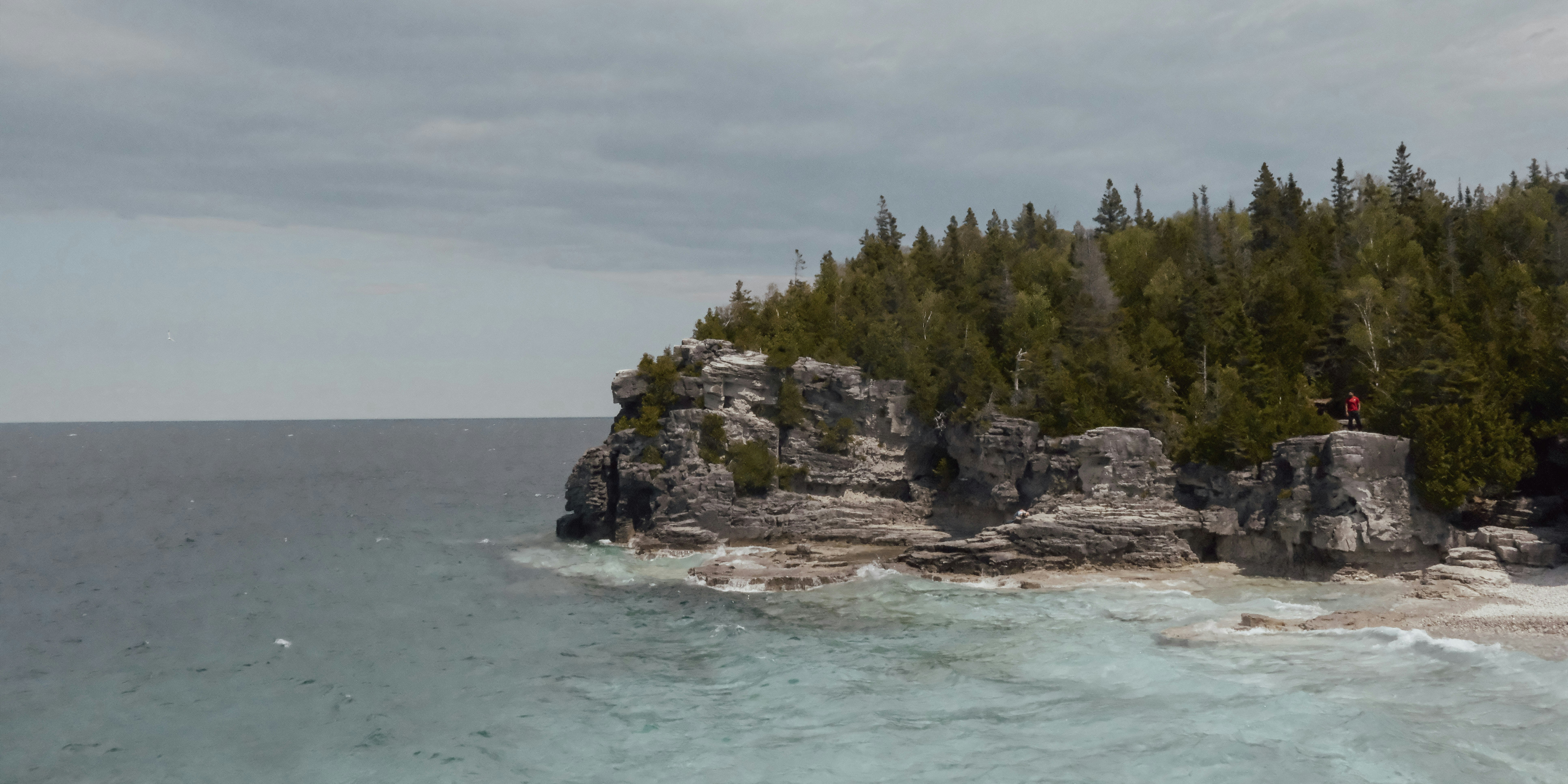 A wide horizontal landscape capturing a dramatic limestone headland reaching into a choppy, open sea. Dense green forests cover the high ridge, where a traveler in a red jacket stands out as a focal point against the grey rock. The overcast, moody sky casts a soft, even light across the churning, light-blue coastal waves. The exceptional micro-contrast of the sensor captures every fissure in the cliffside, delivering an unpolished, cinematic asset for documentary filmmakers, travel channels, and outdoor sponsors.