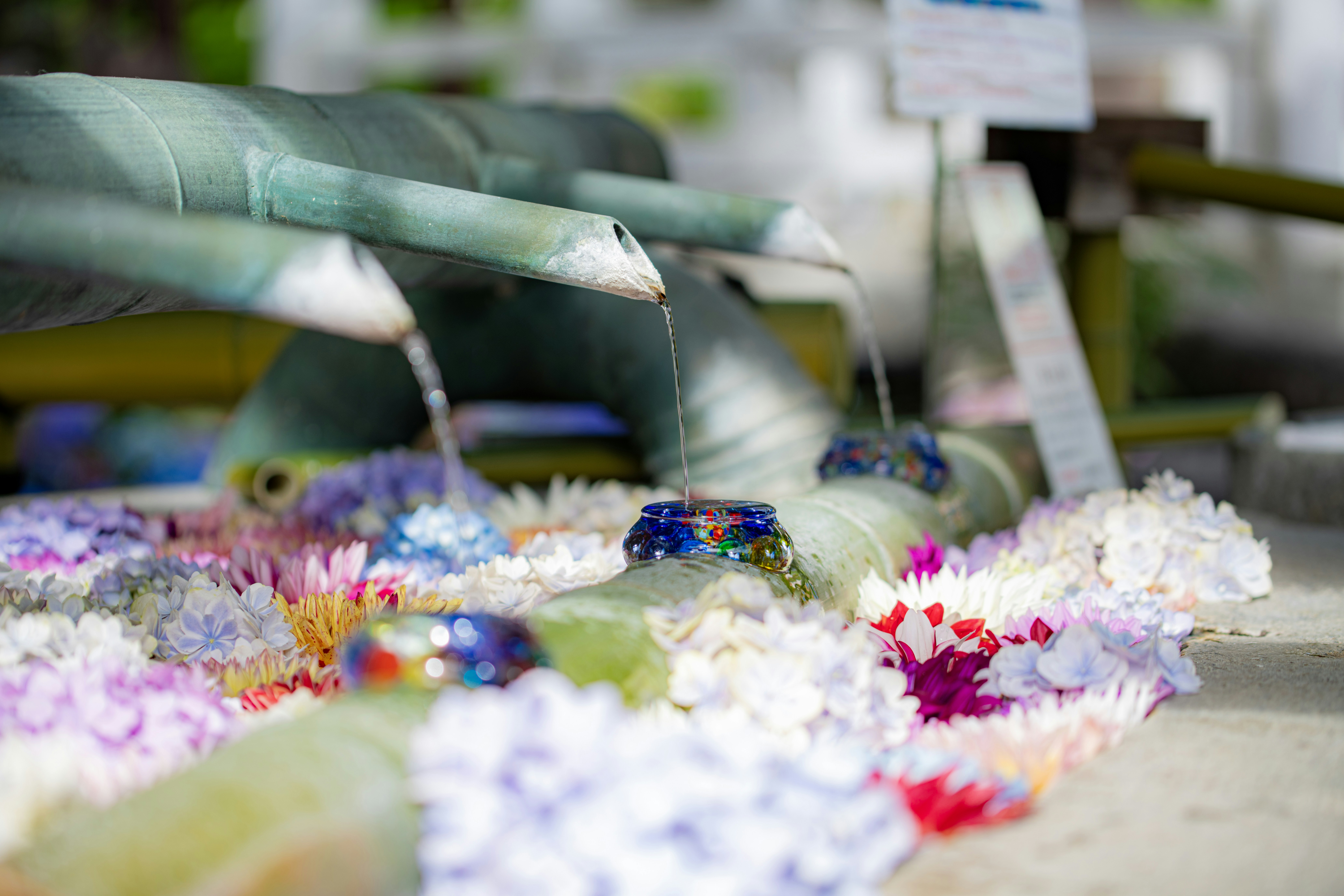 Colorful ceremonial waters: a row of flower fountains in bloom