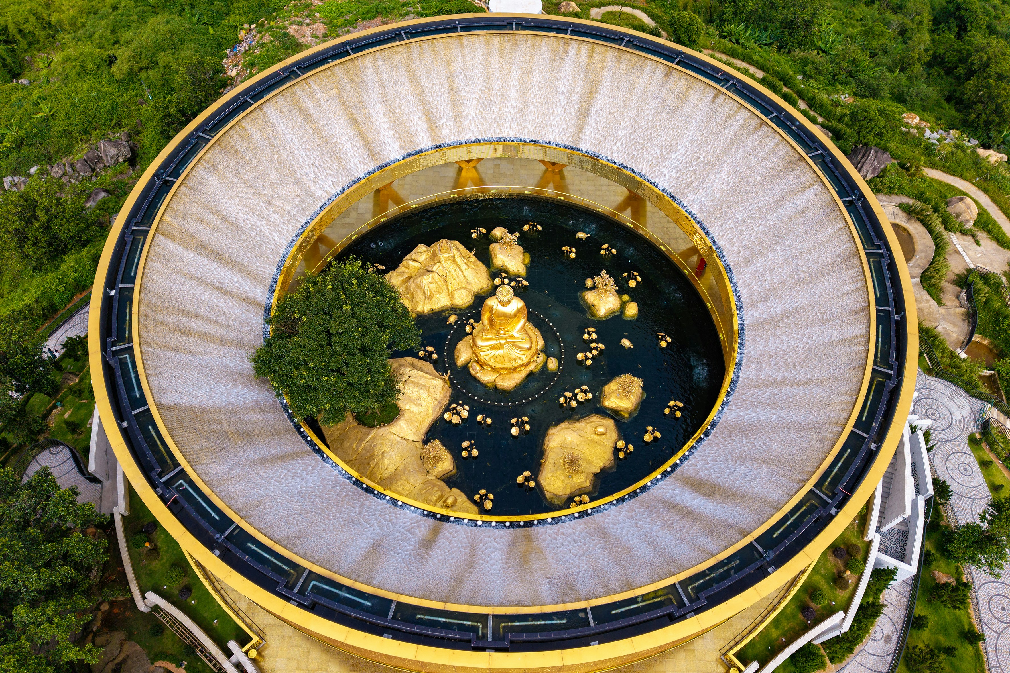 Aerial Crown: The Circular Temple Surrounded by Golden Pond