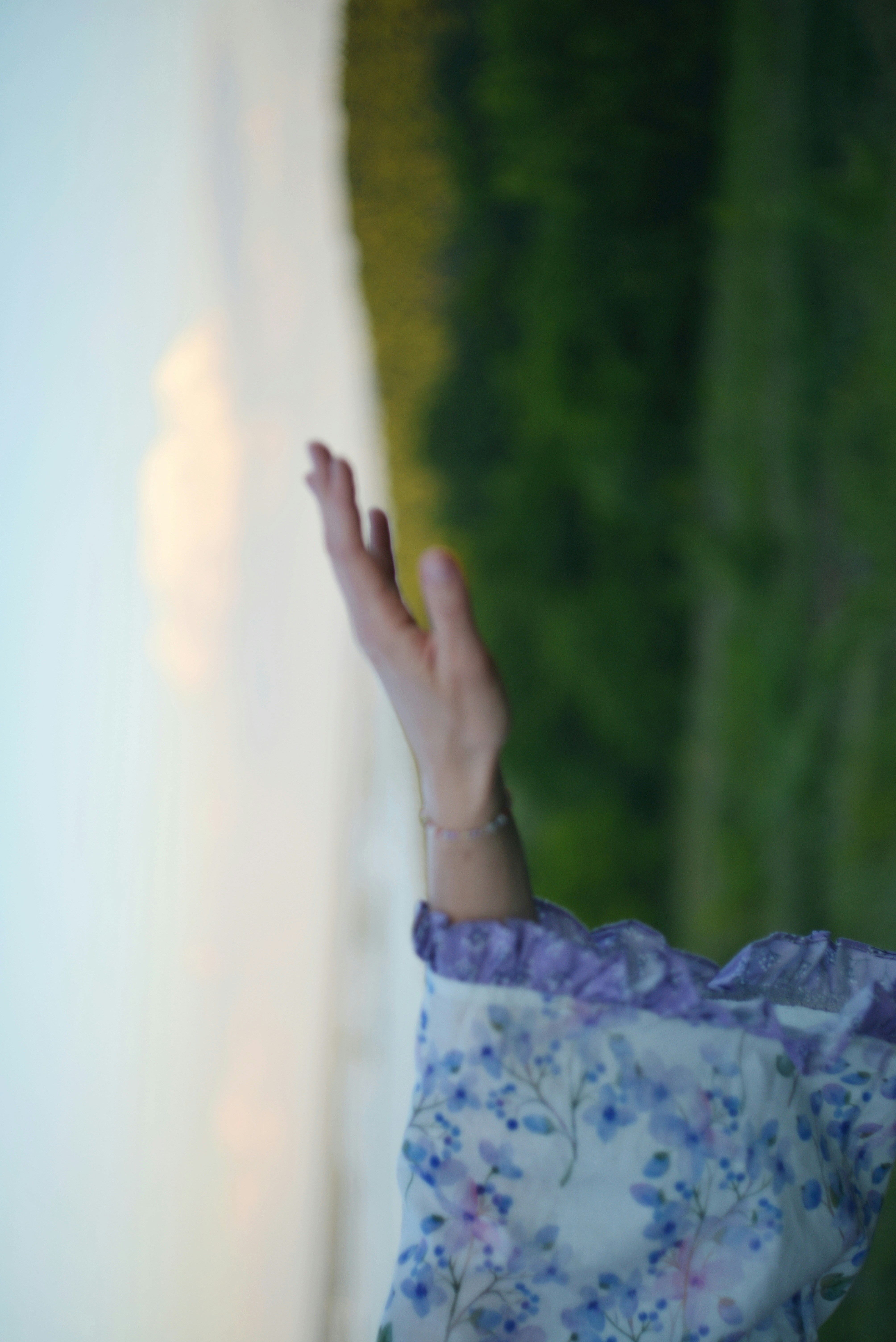 Outstretched Gesture at Dusk: A Floral Sleeve in Soft Focus