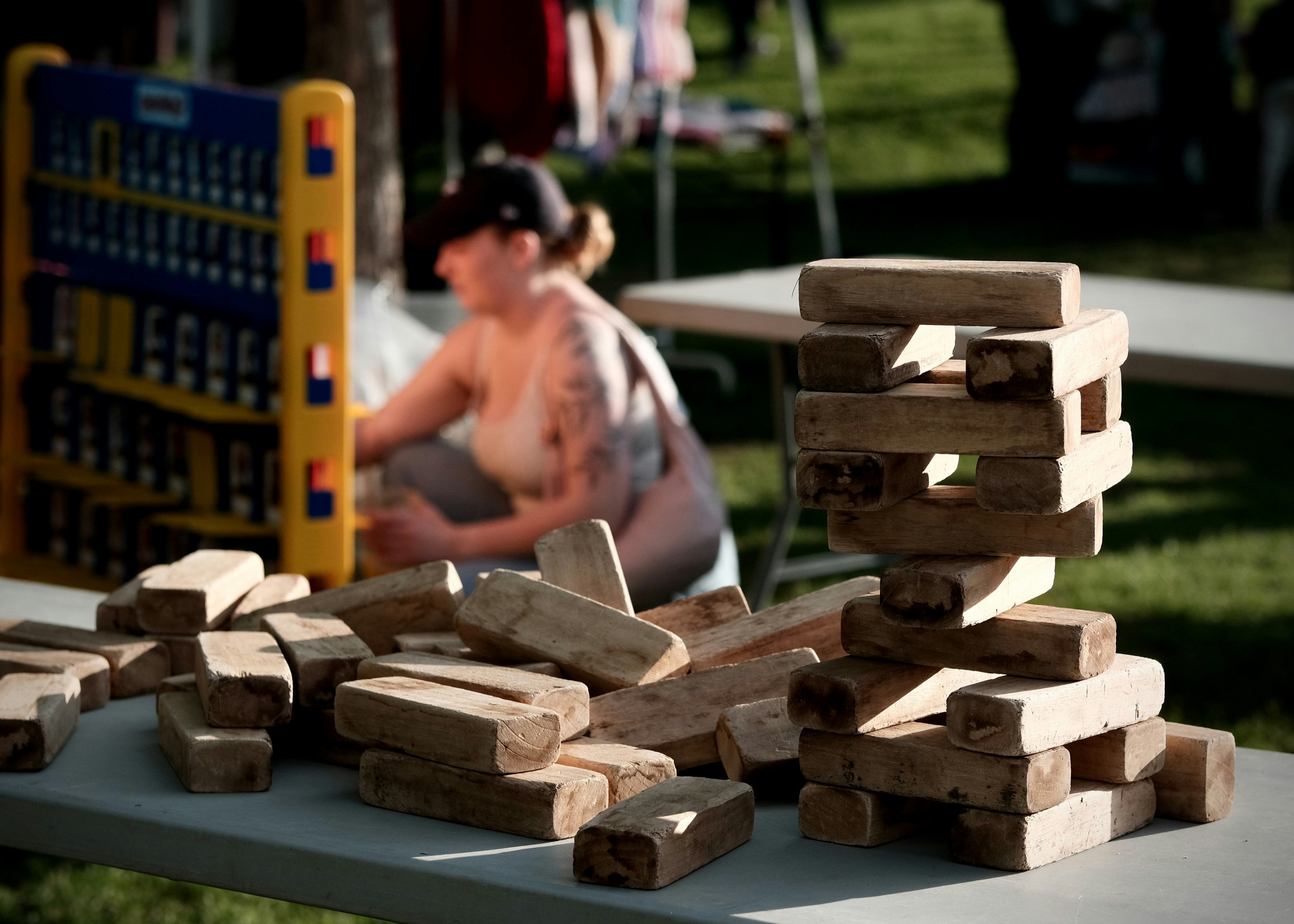 Block Towers on a Picnic Table