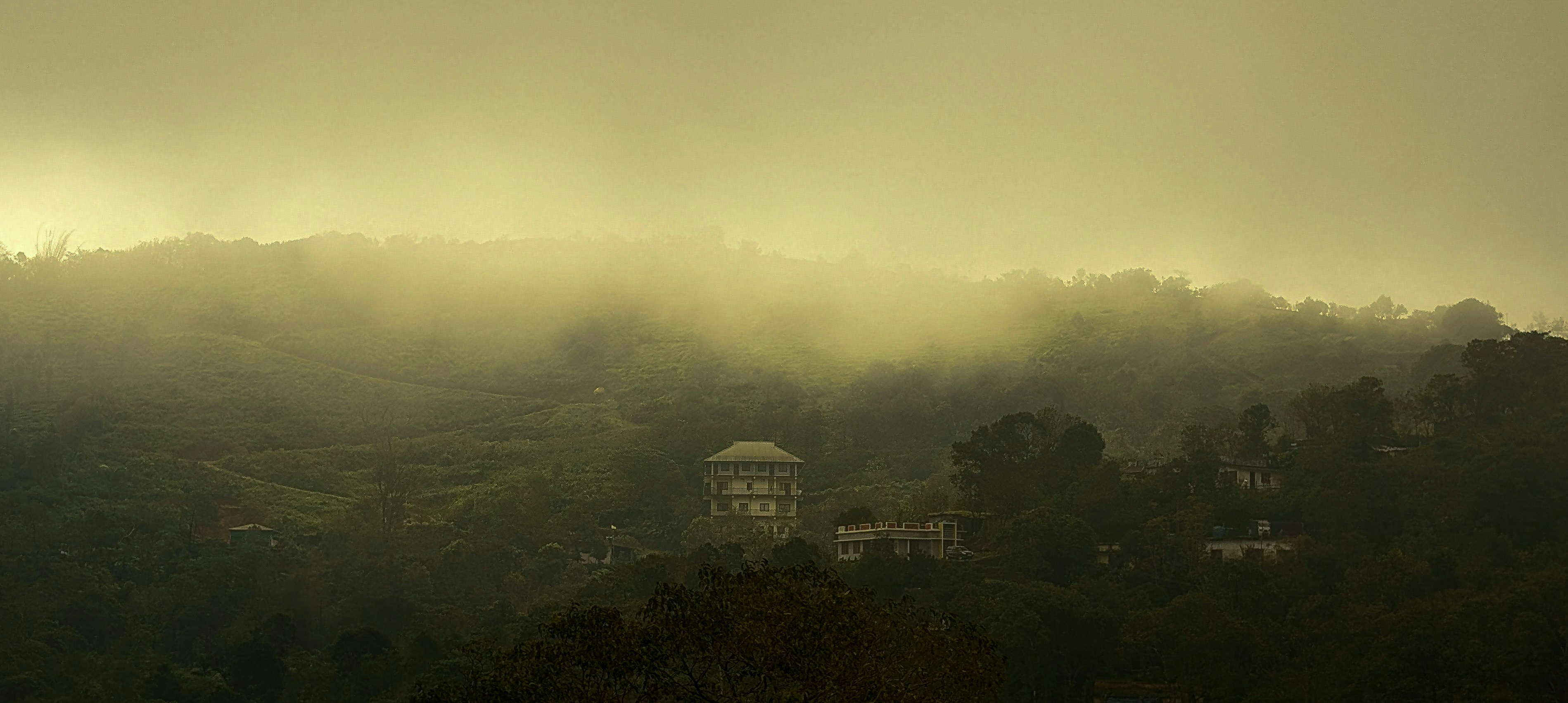 Low-lying fog blankets a hilltop landscape where a solitary manor rests among trees under a hazy yellow sky. A quiet, atmospheric scene emphasizing mood and distant architecture.
