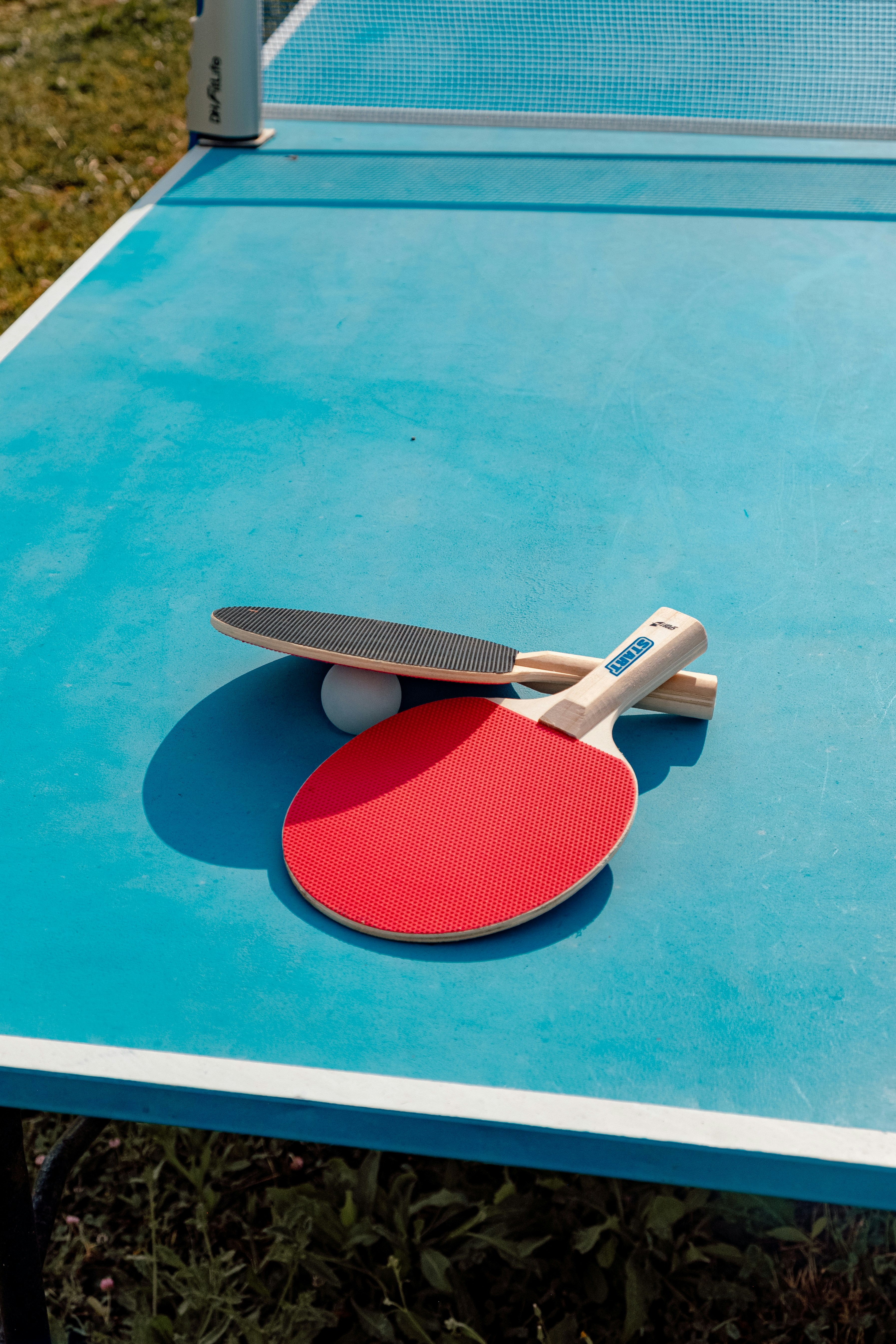 Bright Paddle Pair Resting on a Tennis Table