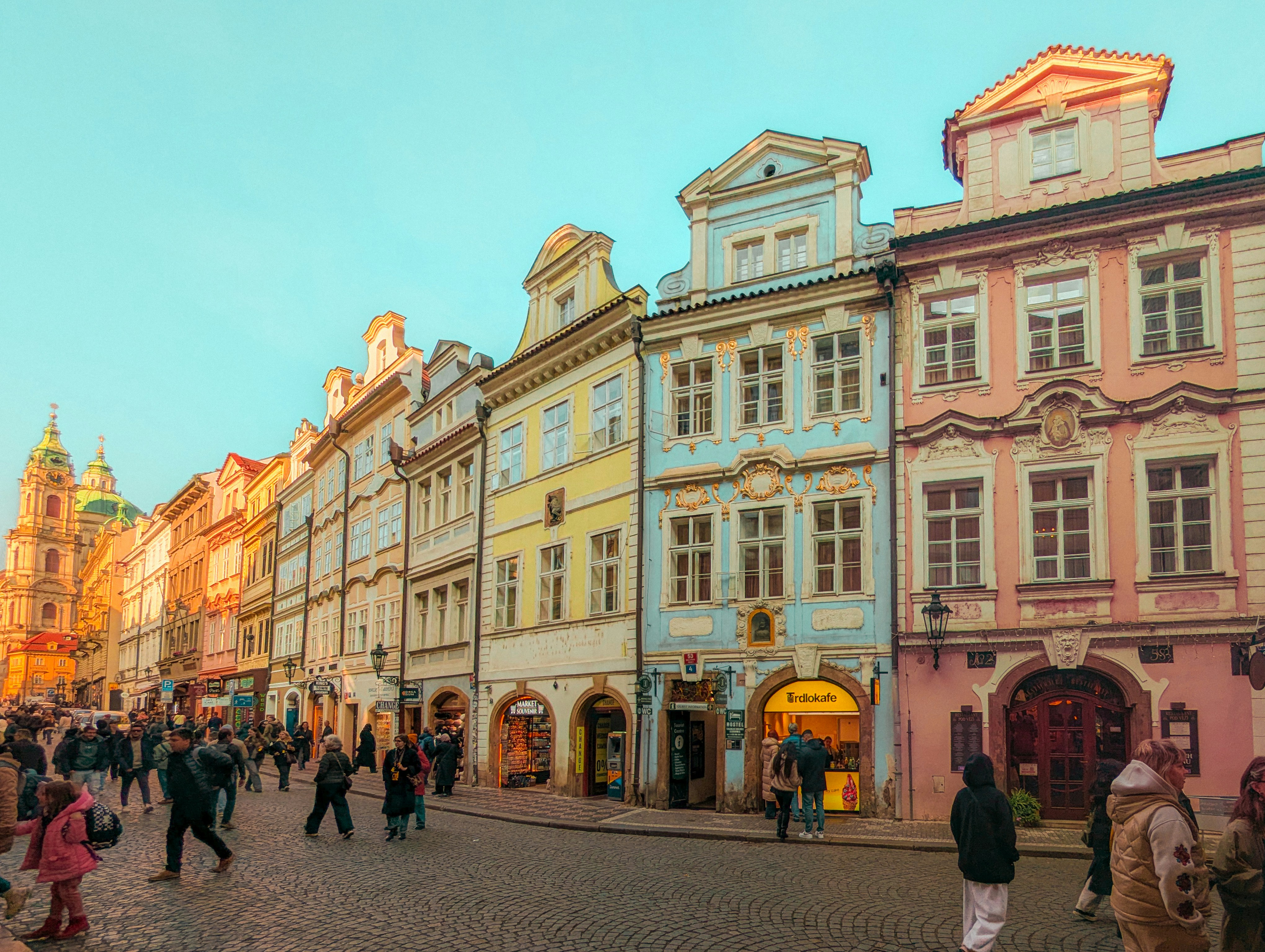 Colorful Facades and Pedestrian Street in Golden Hour