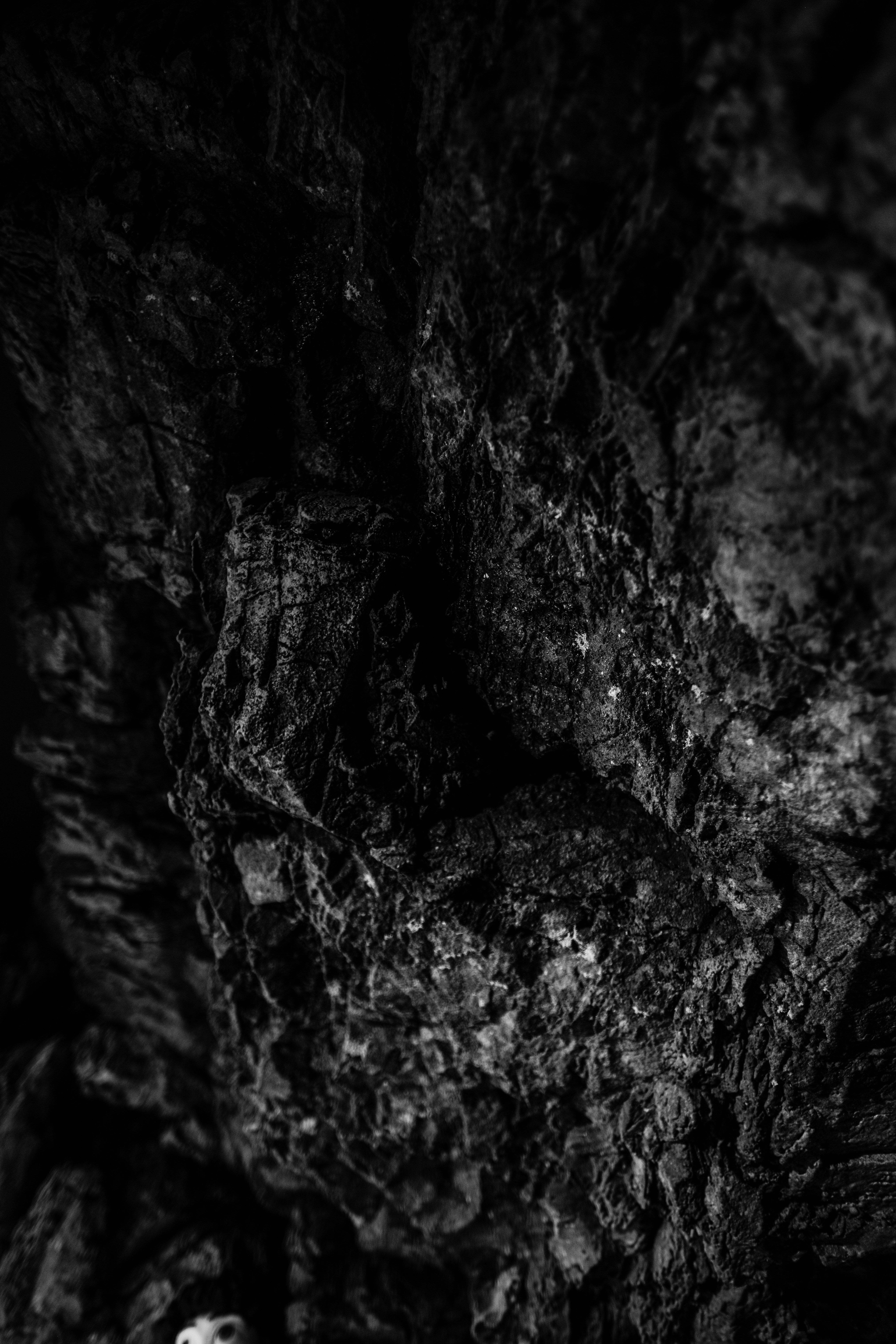 Monochrome rock face with rugged texture and subtle highlights, emphasizing depth and contrast.