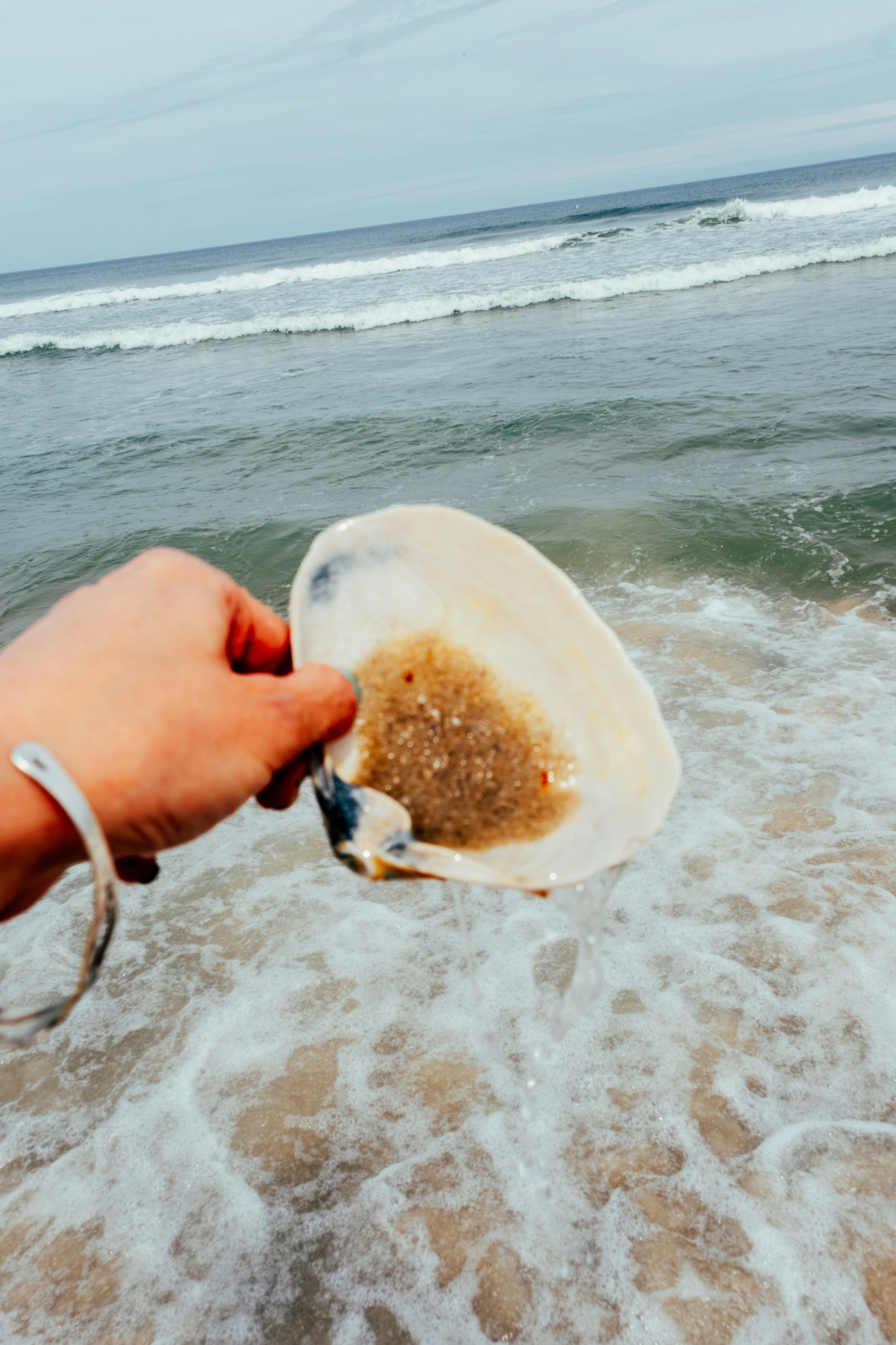 A hand extends over foamy shorebreak, gripping a sea shell with grains of sand inside; the ocean stretches to the horizon in the background. Photograph captures a candid beach moment.