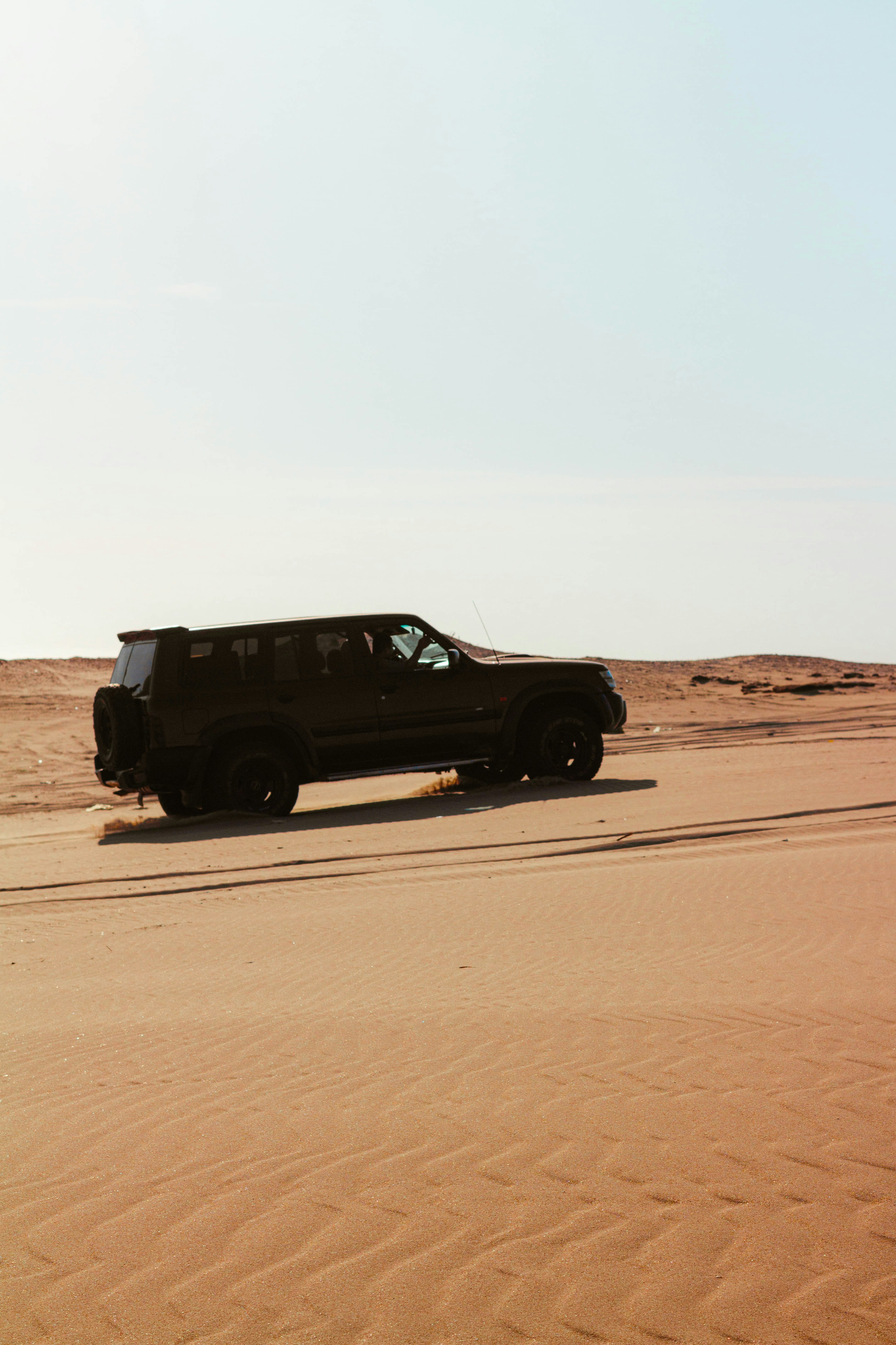 Desert Roamer: A Black SUV Carves a Silent Trail Across Golden Dunes