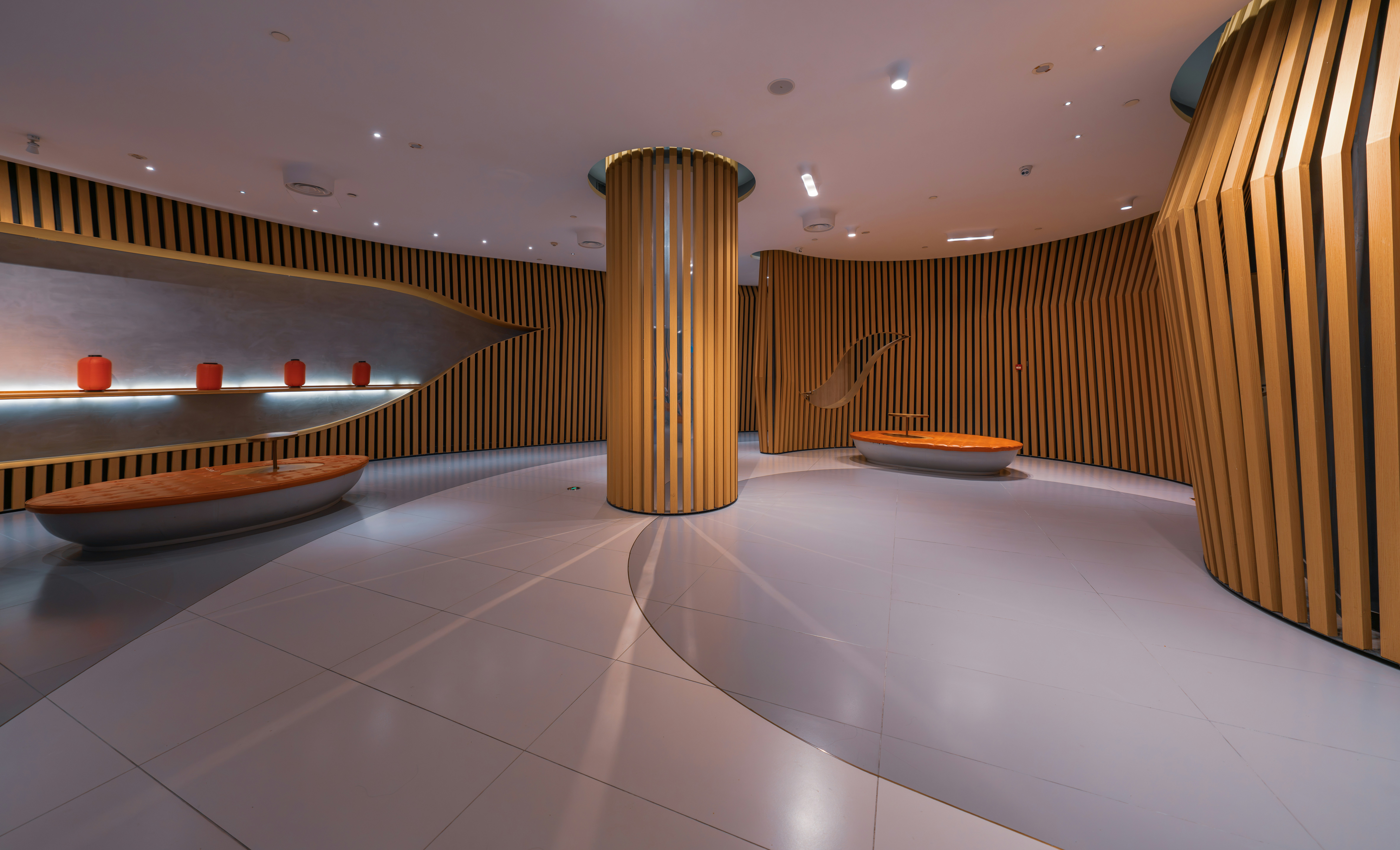 Wooden wave: a serene lobby wrapped in vertical slats